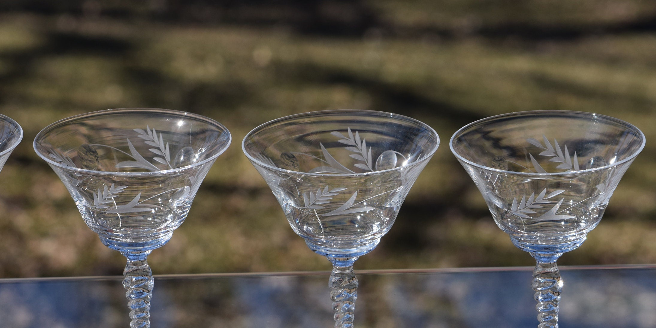 Vintage Etched Cocktail Martini glasses, Set of 4, Unique Twisted Stem ... Vintage Etched Cocktail Martini glasses, Set of 4, Unique Twisted Stem ...