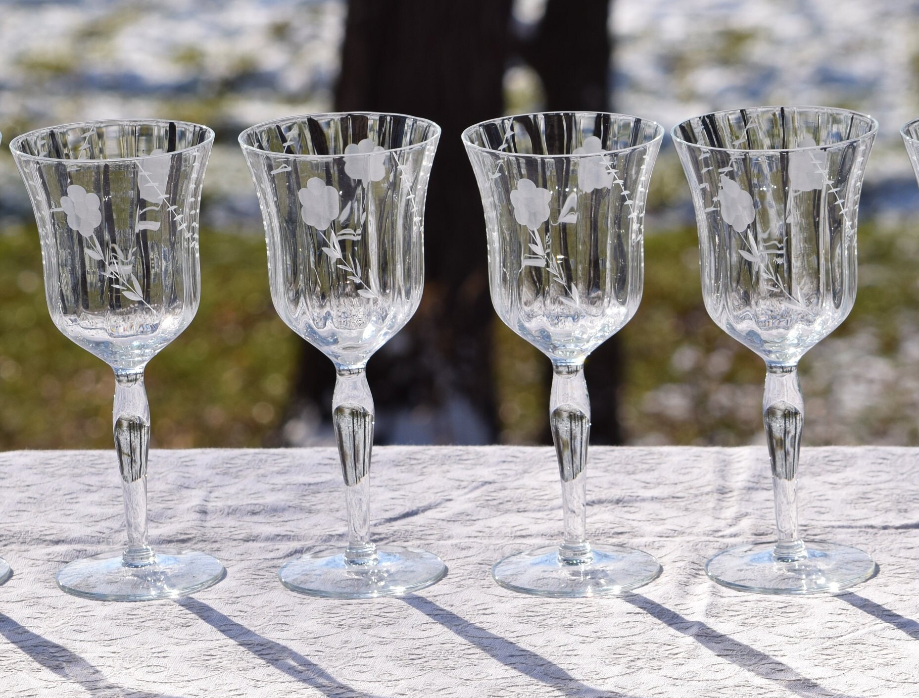 Vintage Etched Tall Wine Glasses Floral Etched Optic Glass Etsy