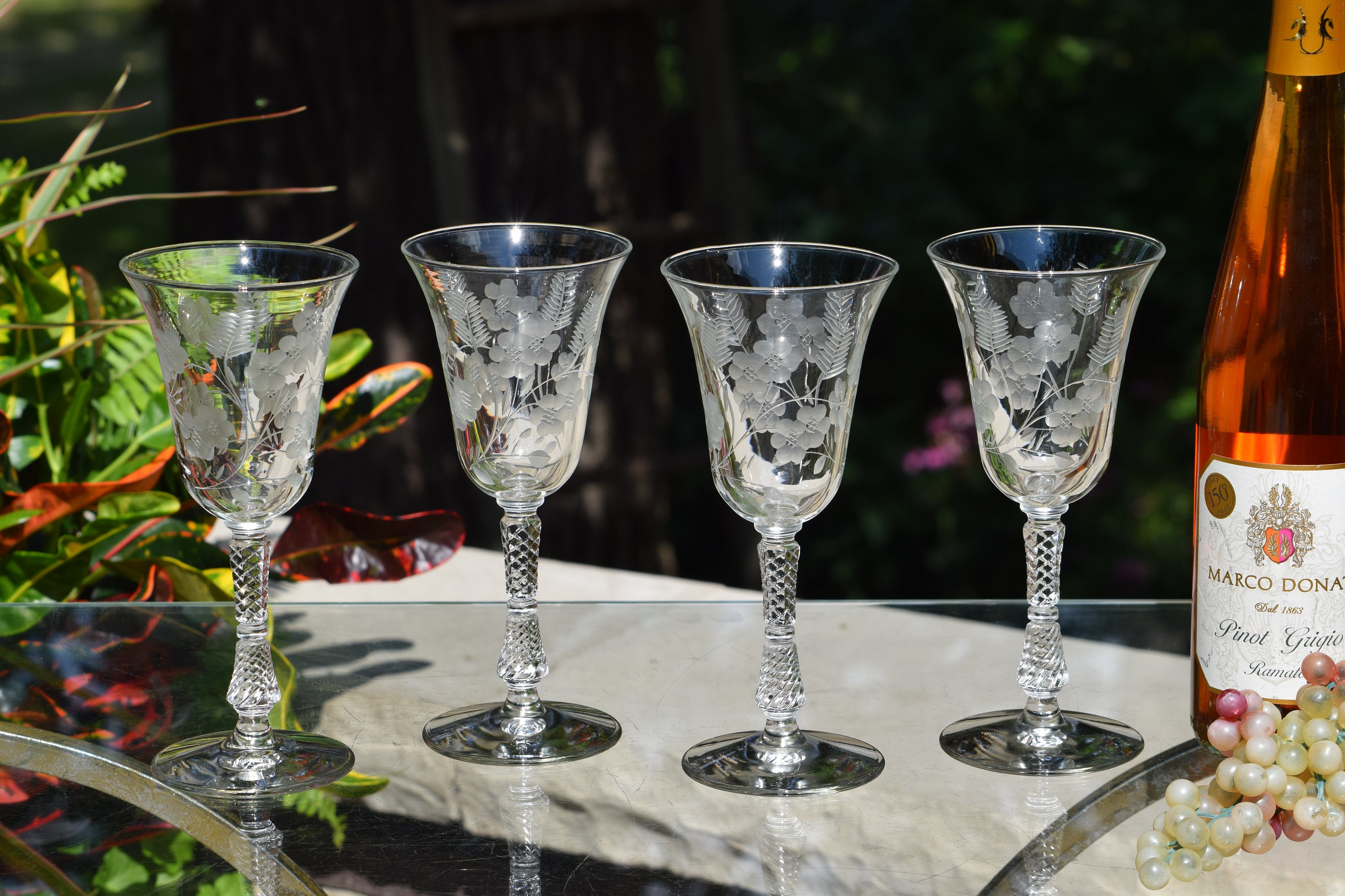 4 Vintage Floral Etched Wine Glasses Rock Sharpe Circa 1940s