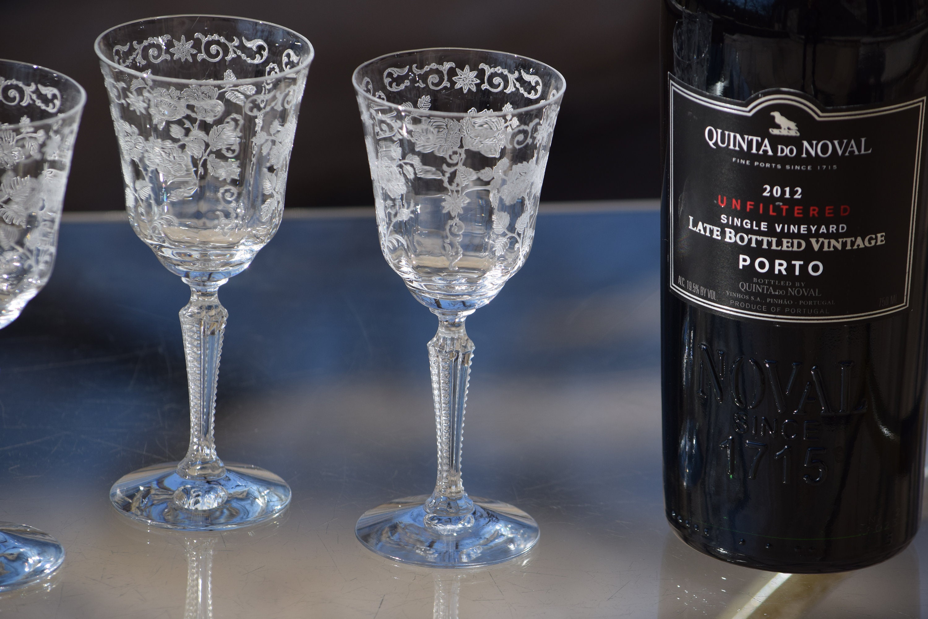 4 Vintage Etched CRYSTAL Port Wine Glasses, Fostoria, Midnight Rose ...