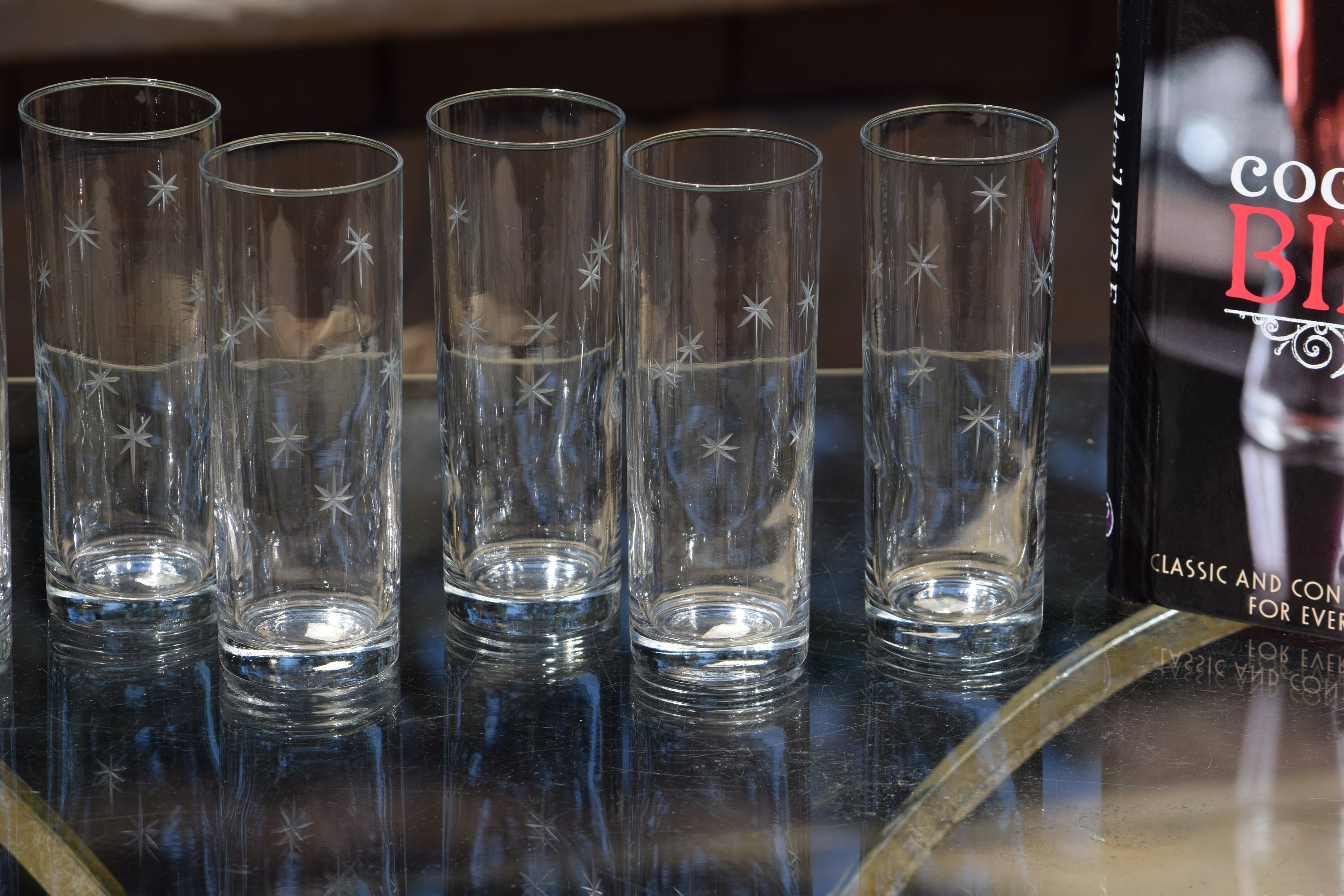 6 Vintage Etched COLLINS Glasses, Cocktail Party Glasses, Mid Century ...