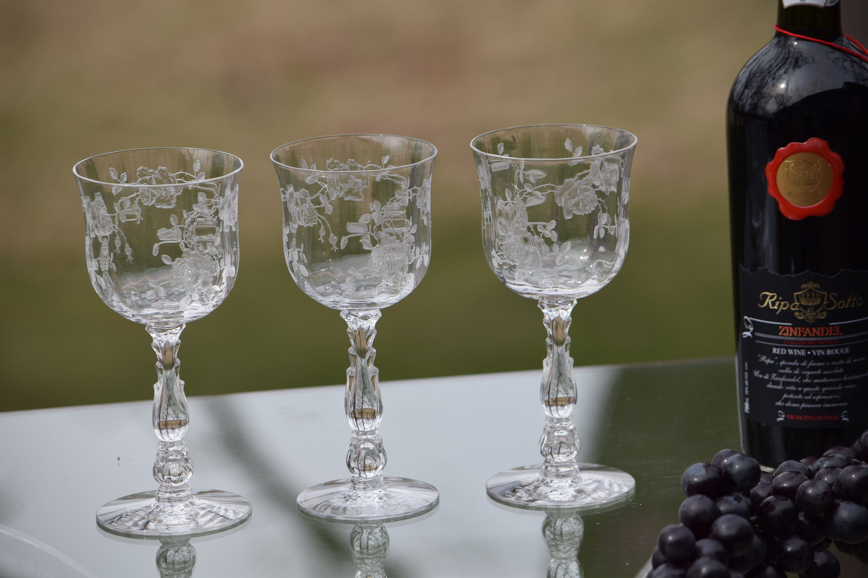 Vintage Etched Crystal Wine Glasses, Set of 3, Fostoria, Willowmere ...