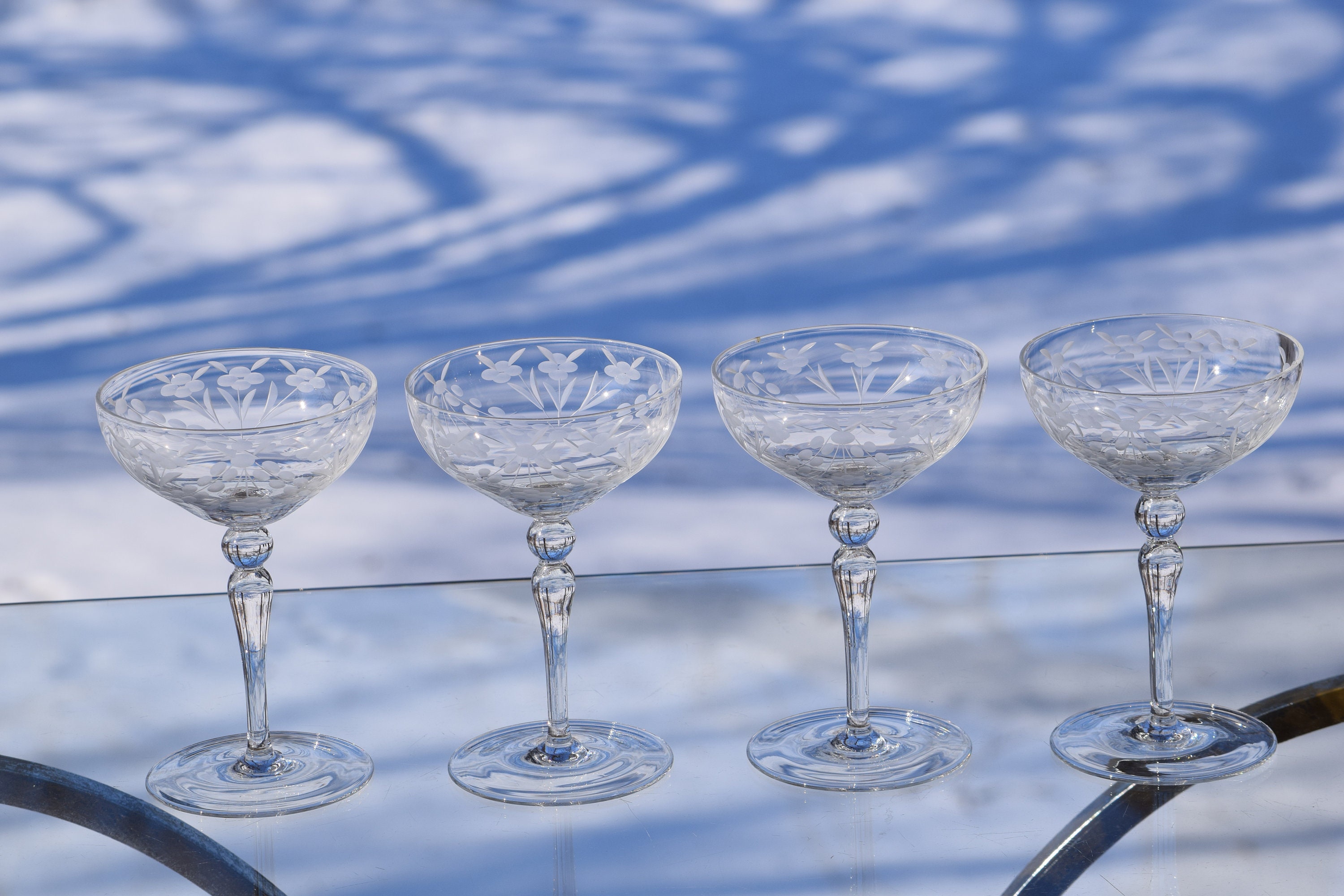 Vintage Etched Tall Cocktail Glasses Set Of 4 Circa 1950s Vintage Etched Champagne Coupes