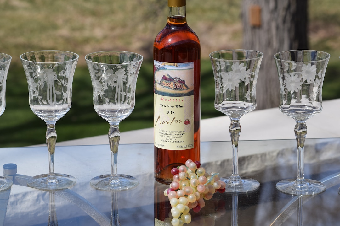 6 Vintage Etched Wine Glasses, Set of 6 Mis-matched Etched Wine Glasses ...