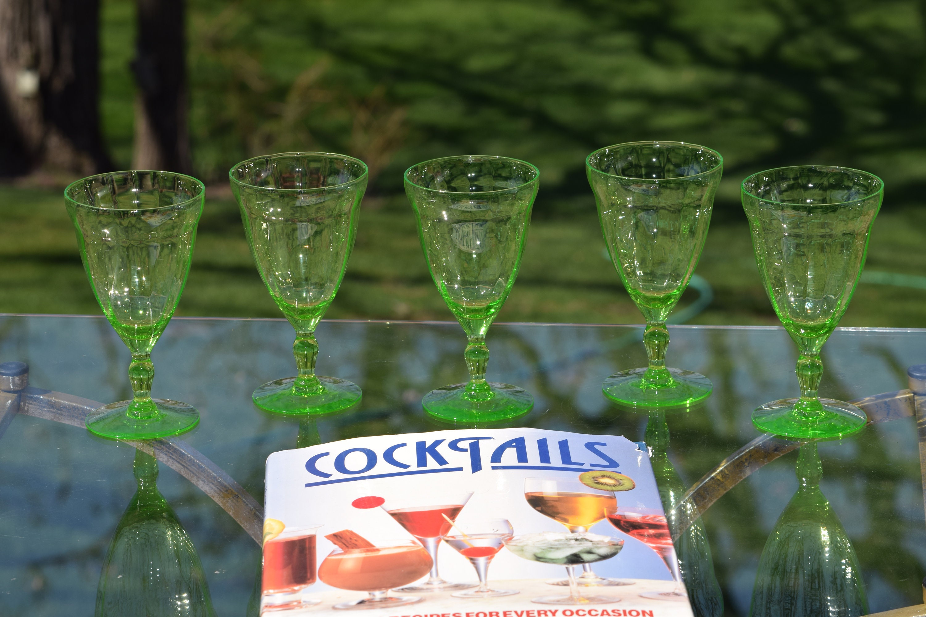 Vintage Green Vaseline Depression Glass Wine Glasses Set Of 5 Green Vaseline Wine Glasses