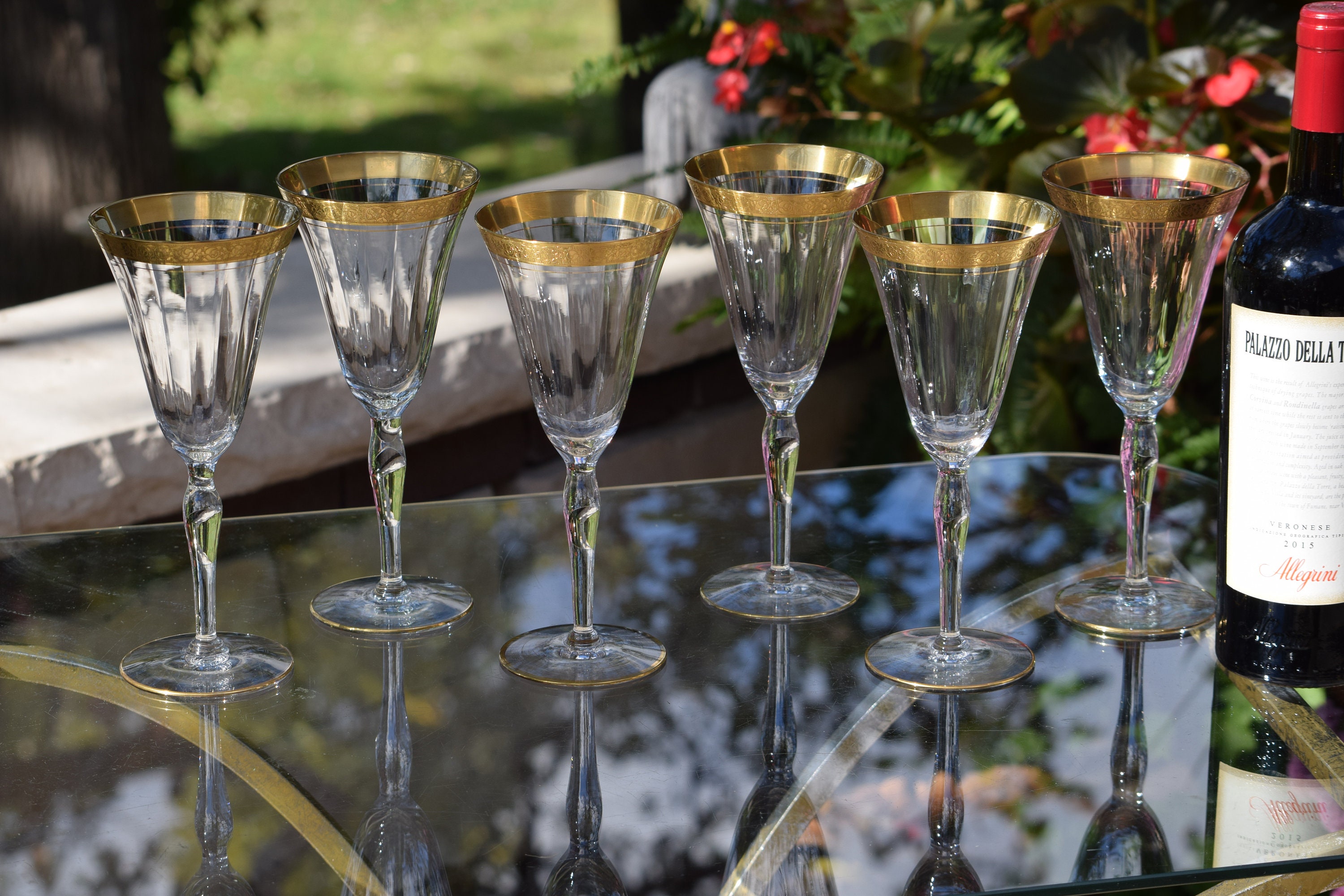6 Vintage Gold Rimmed Encrusted Wine Glasses, Glastonbury Lotus ...