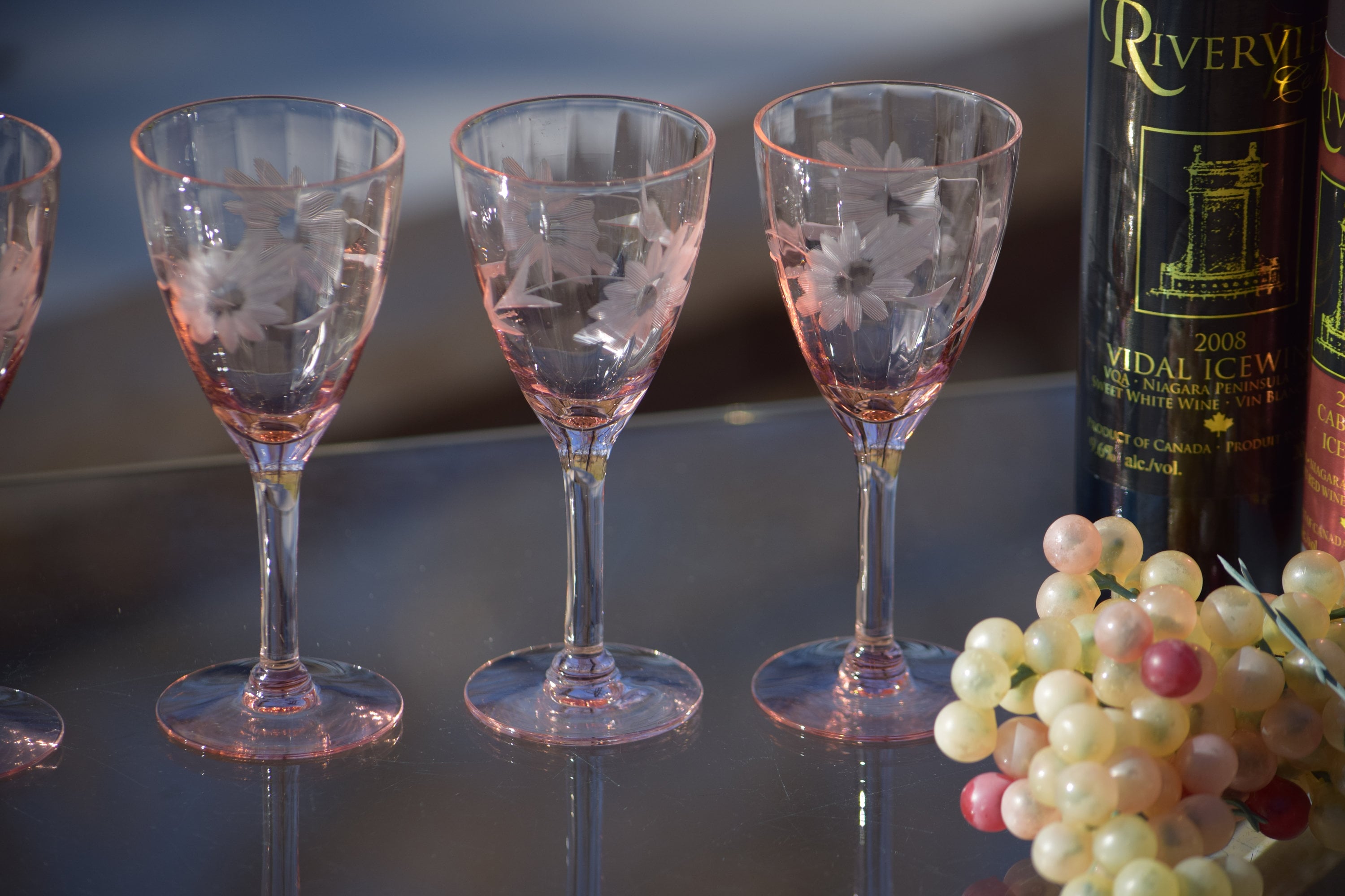 4 Vintage Pink Etched Wine Cordials - Glasses, After Dinner Drink Wine ...