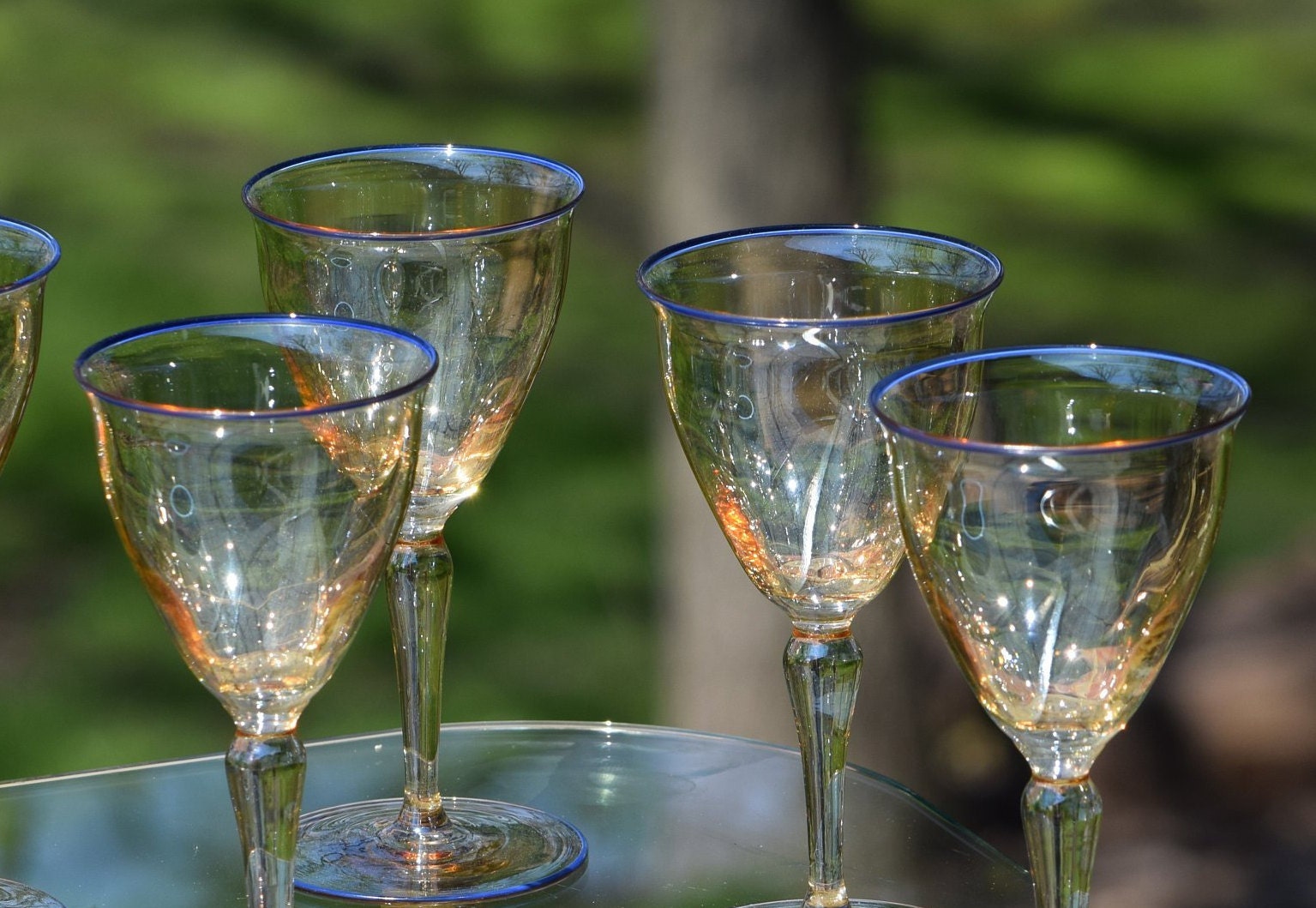 Vintage Champagne Colored with Blue Rim Wine Glasses, Set of 6, After ...