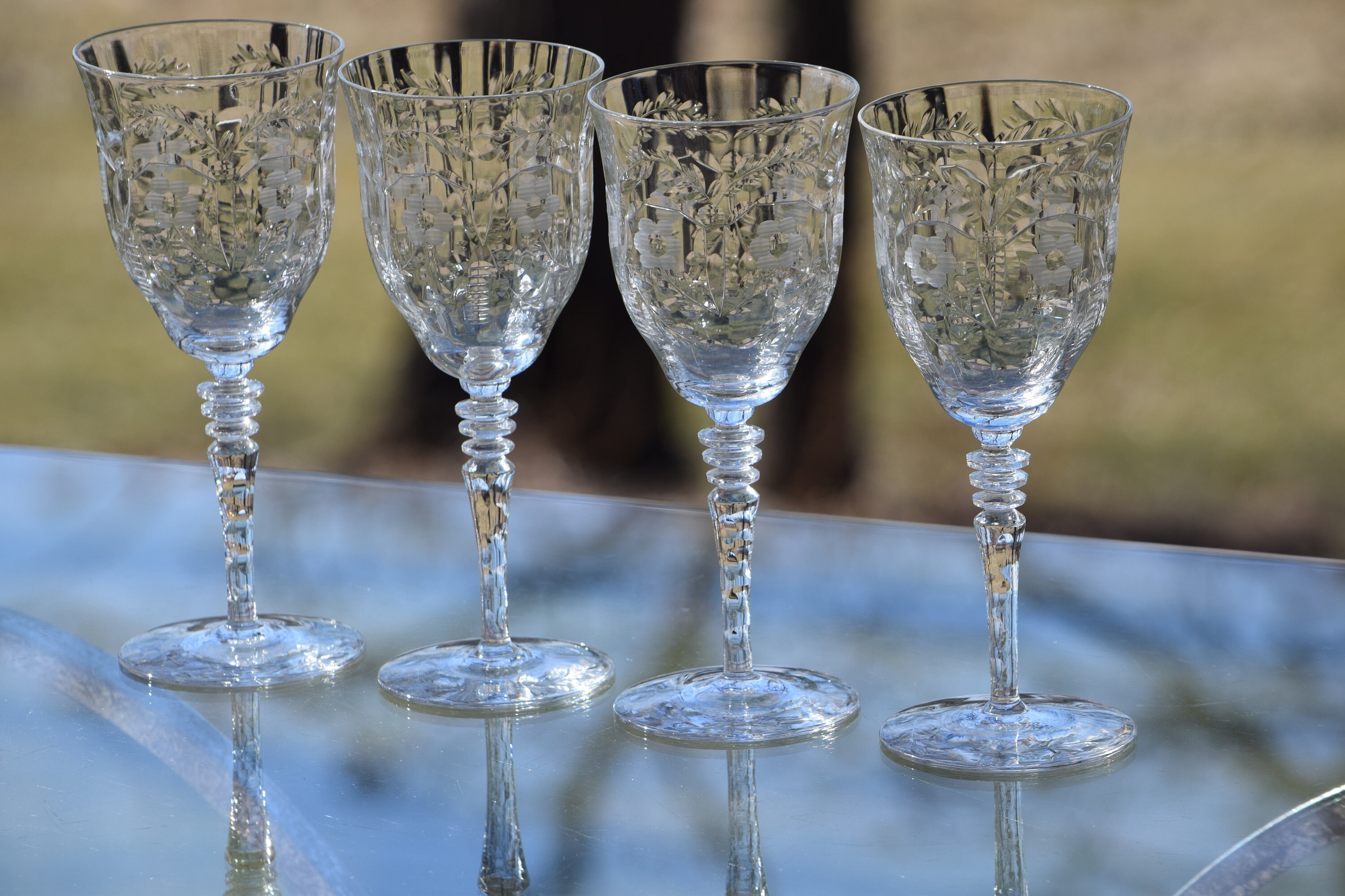 Vintage Floral Etched Optic Wine Glasses Set Of 4 Rock Sharpe Circa