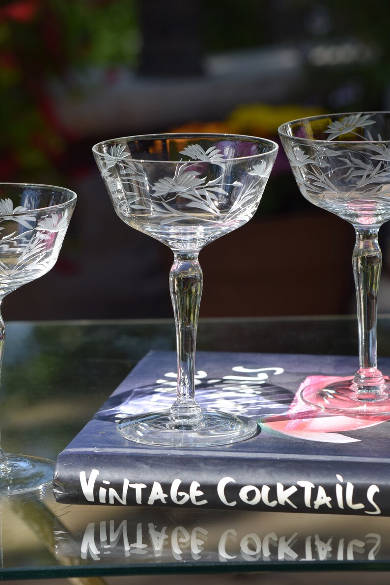 4 Vintage Etched Cocktail Glasses Nick And Nora Craft Etsy