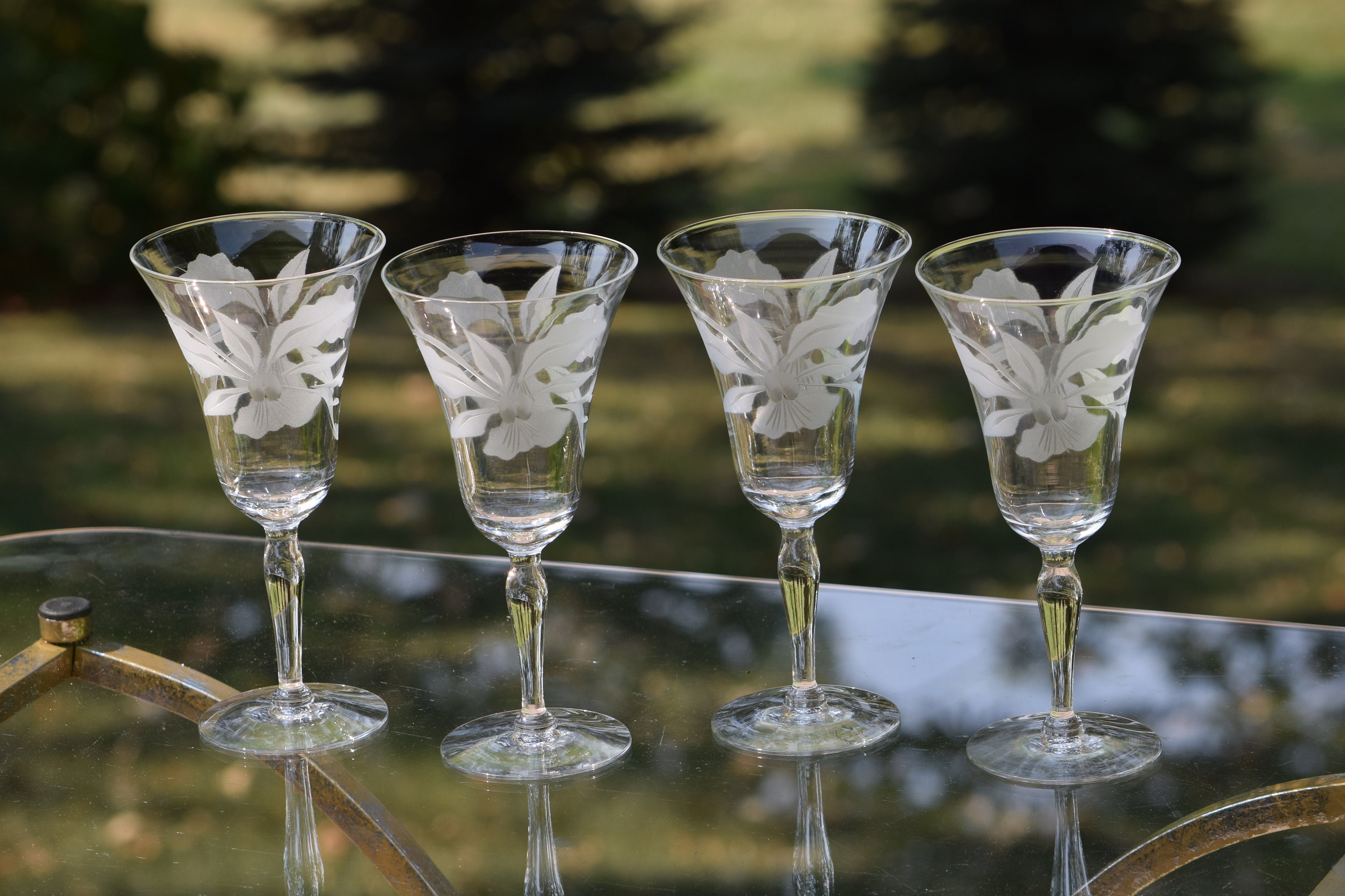 4 Vintage Etched Wine Glasses Floral Etched Wine Glasses Mixologist
