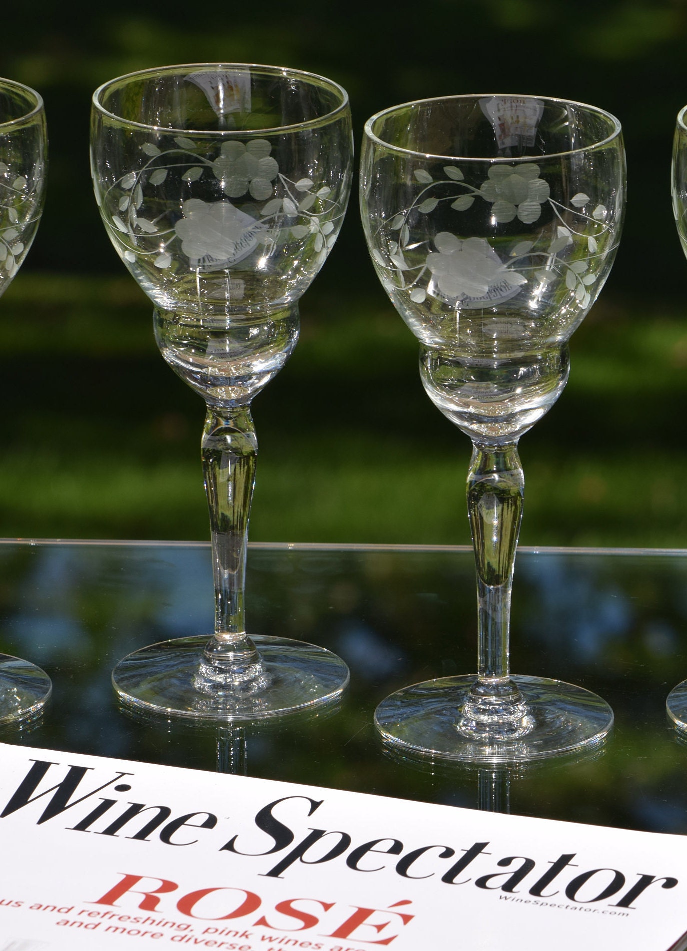 Fabulous Vintage Floral Etched Wine Glasses Set Of 3 Antique Wine