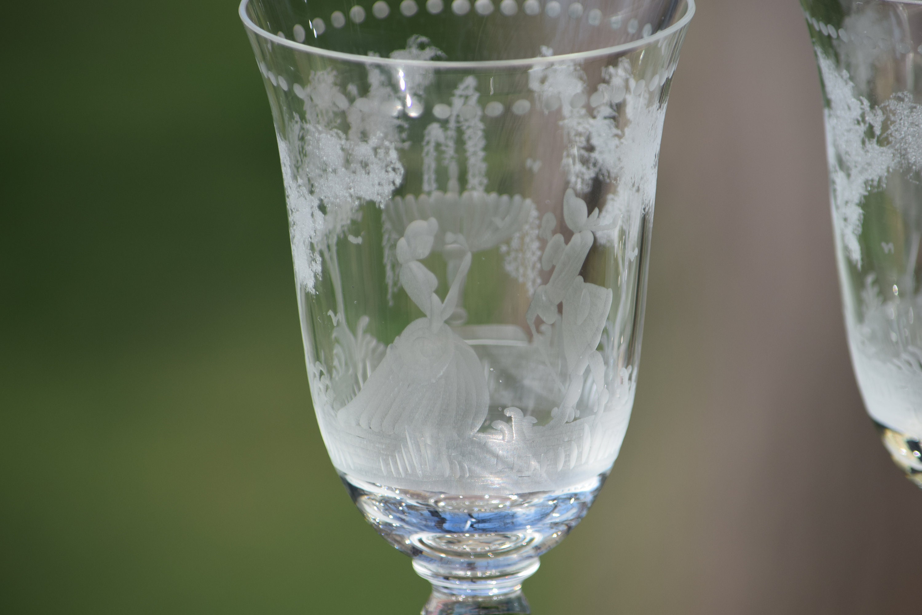 Vintage Etched Crystal Wine Glasses Set Of 4 1920s Etched Scene Woman