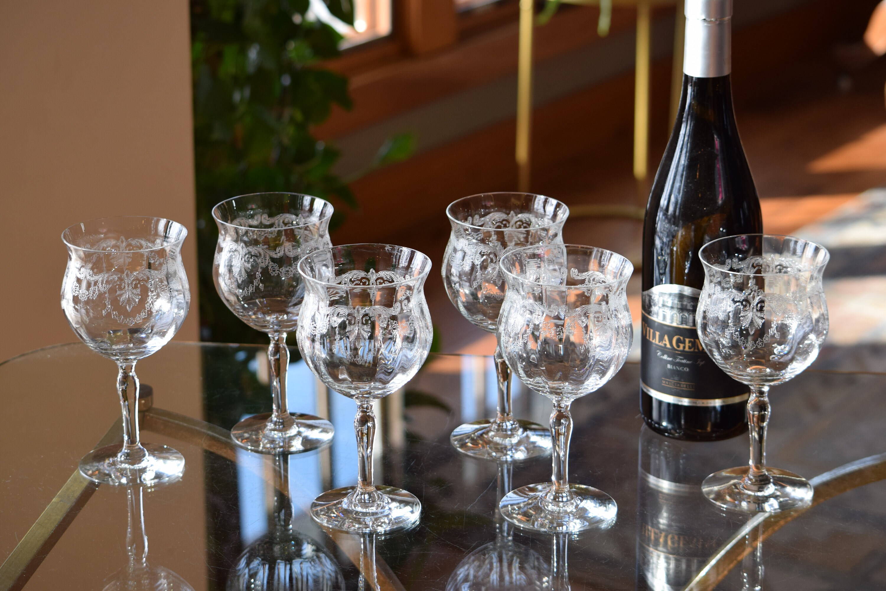 6 Vintage Etched Optic Wine Glasses, Fry Glass, 1930-1940's, Antique ...
