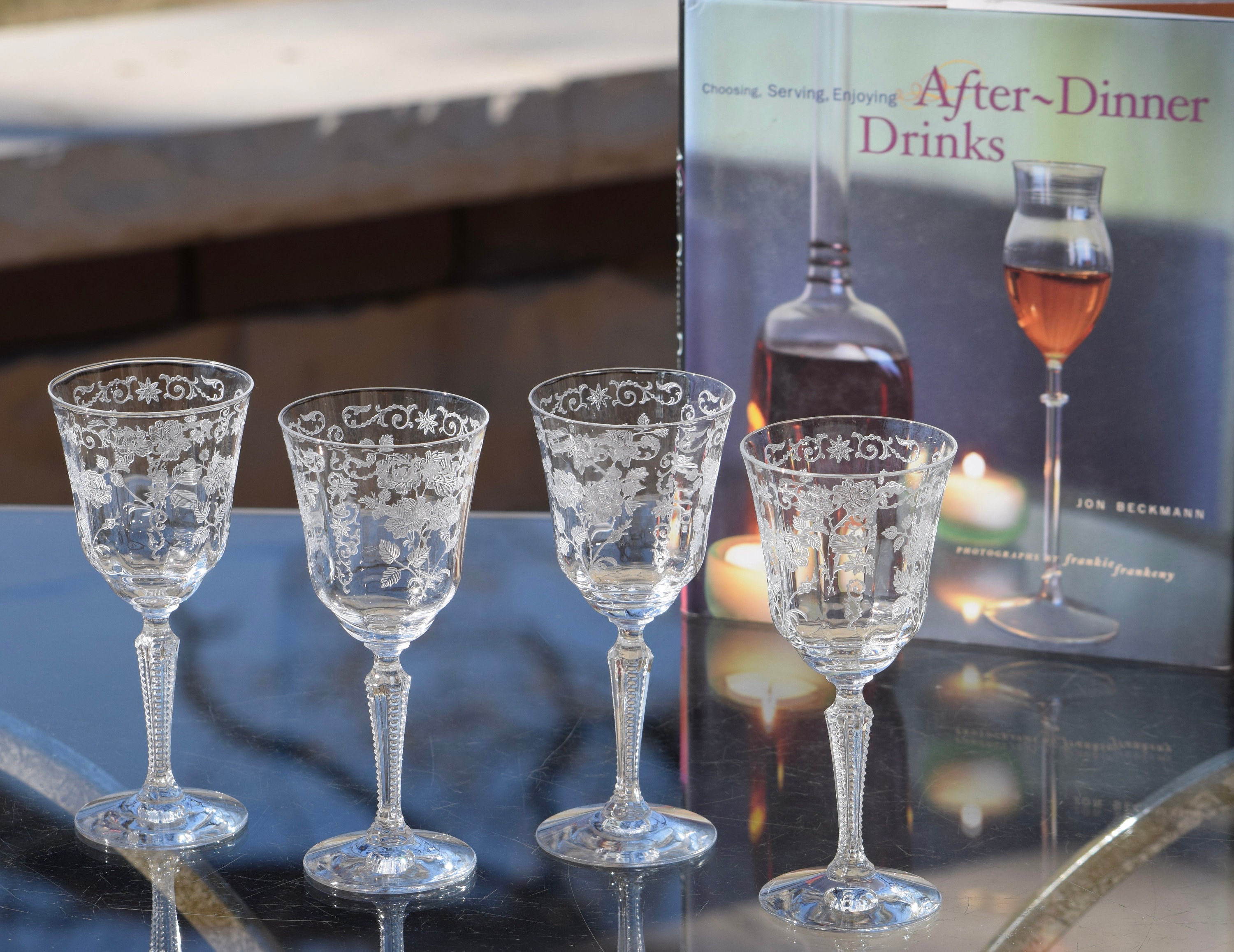 4 Vintage Etched CRYSTAL Port Wine Glasses, Fostoria, Midnight Rose ...