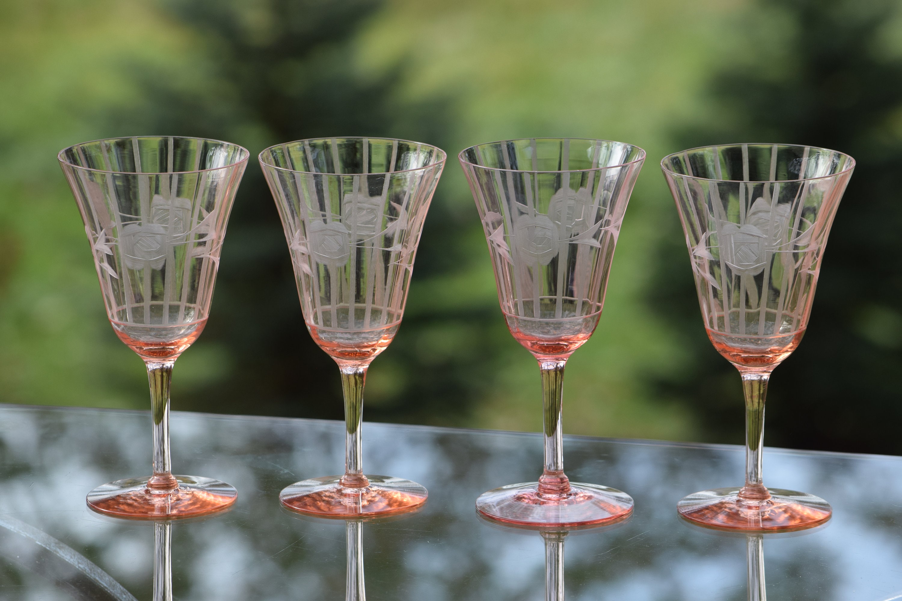 Vintage Etched Pink Optic Glass Wine Glasses Set Of 4 Vintage Pink Depression Etched Wine