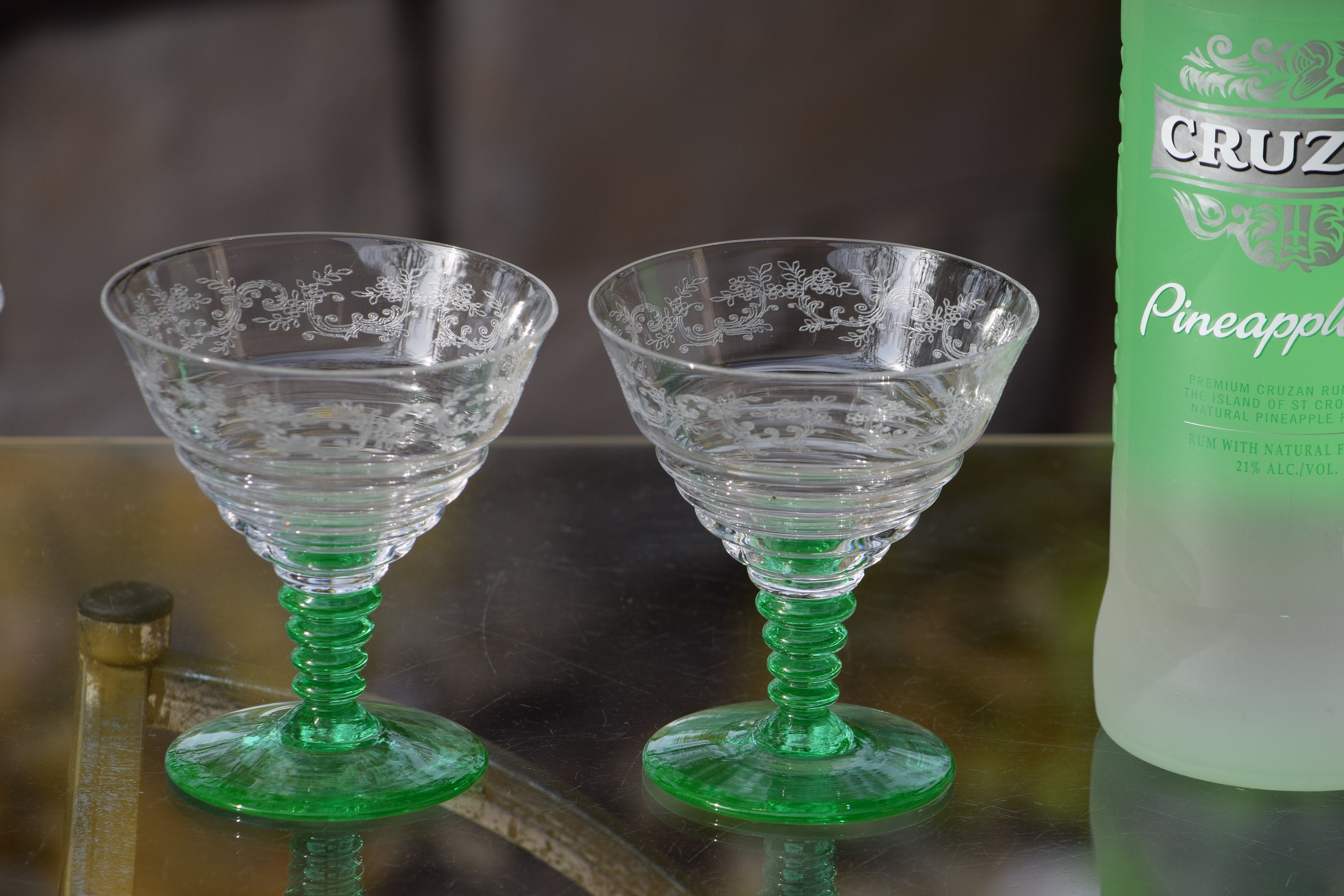 6 Vintage Etched Cocktail Glasses, Bryce, 1940's, Acid Etched Green ...