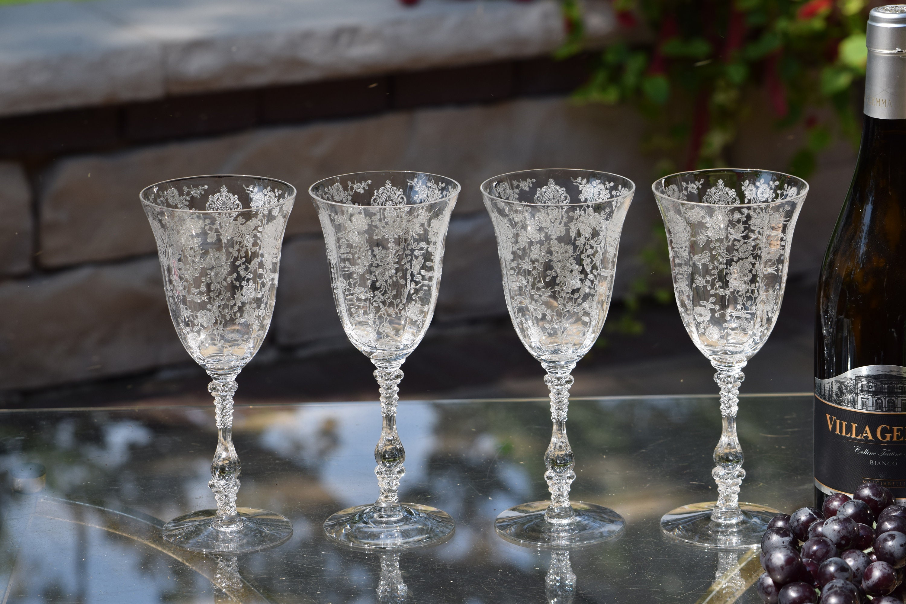 4 Vintage Etched Crystal Wine Glasses Water Goblets Cambridge Rose Point Circa 1934