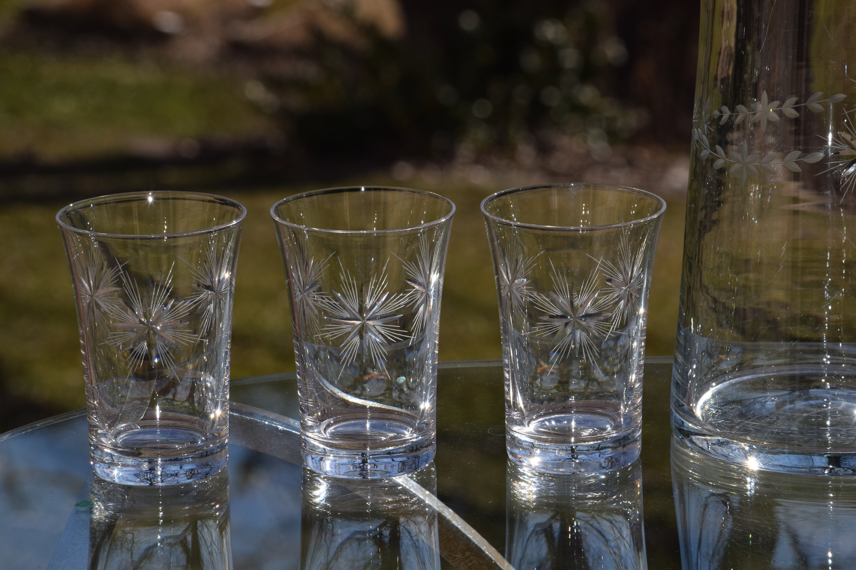 Vintage Etched Starburst Glasses with Pitcher, Polished Pontil Pitcher ...