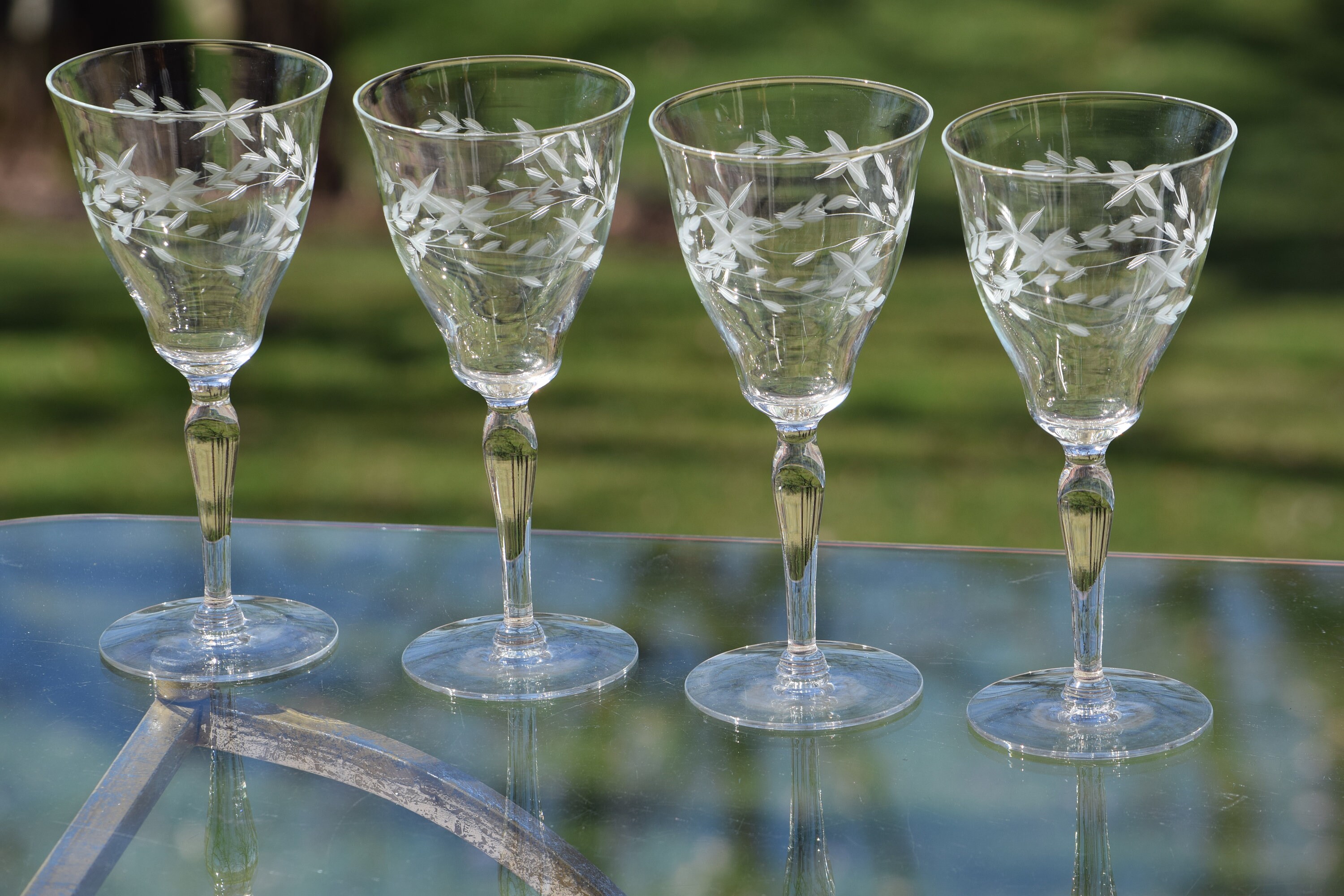 Vintage Etched Wine Glasses Set Of 4 Floral Etched Wine Glasses