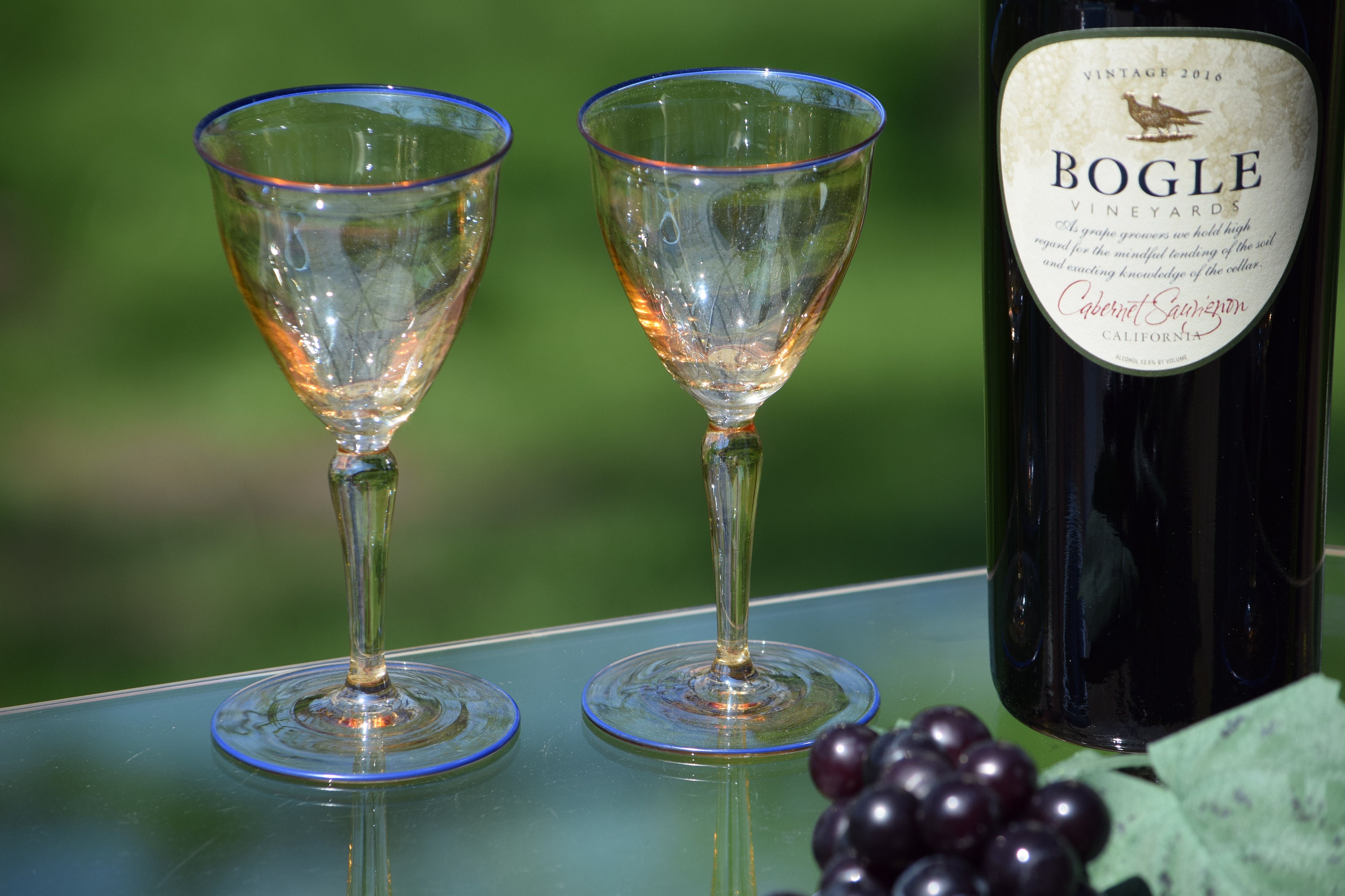 Vintage Champagne Colored with Blue Rim Wine Glasses, Set of 6, After ...