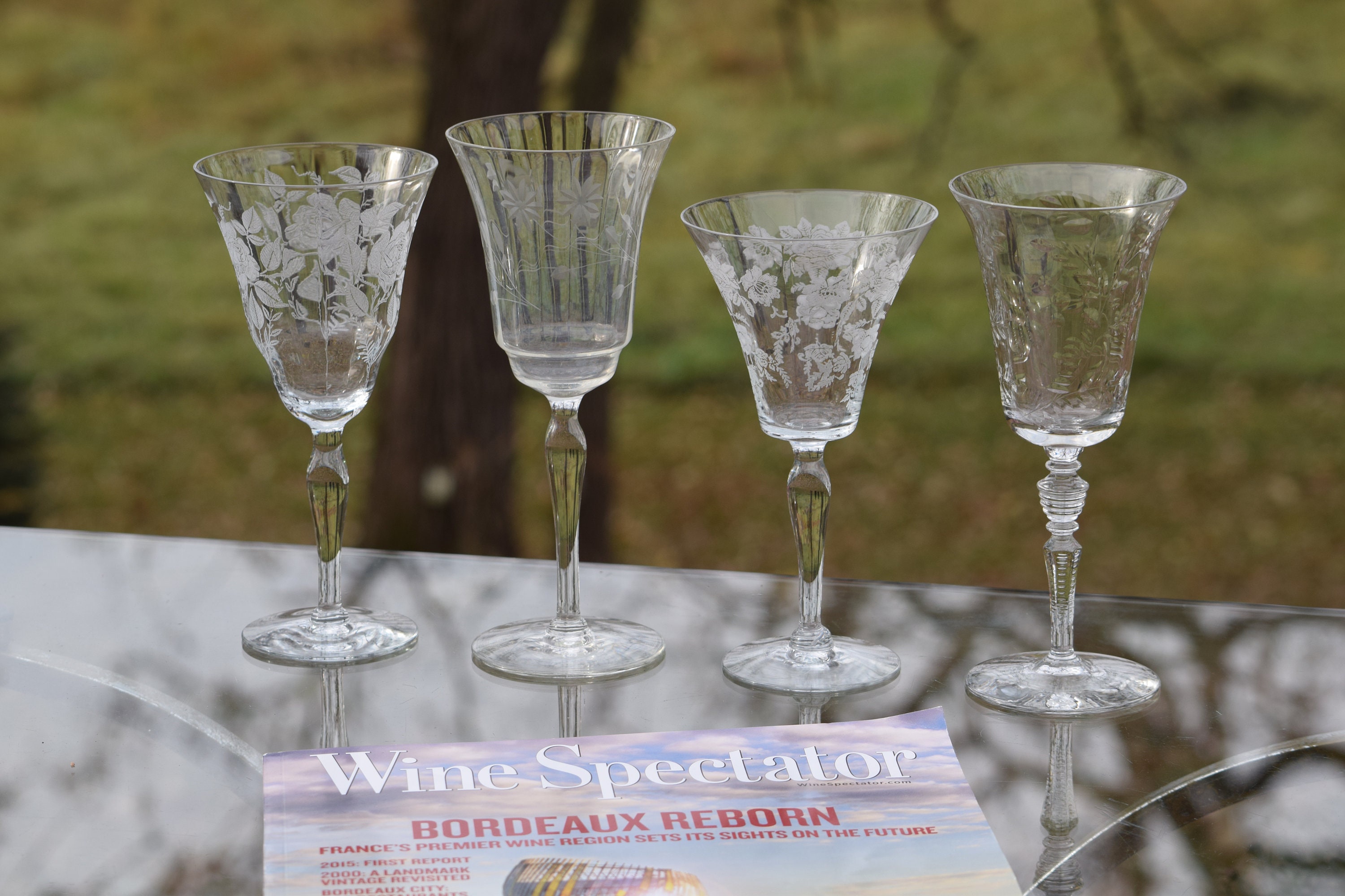 Vintage Etched Wine Glasses, Set of 4, Set of 4 Different Etched Wine ...