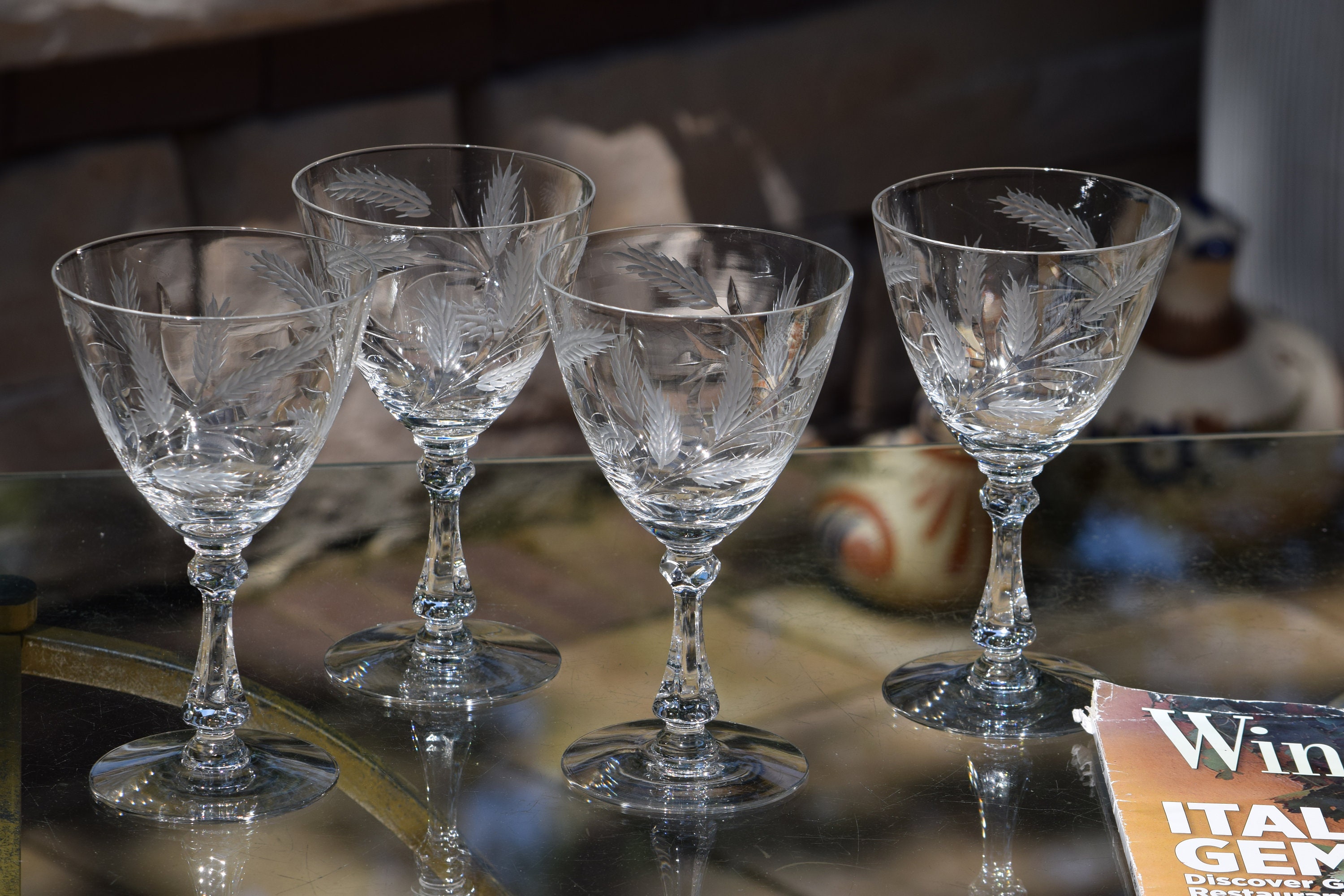 4 Vintage Etched Crystal Wine Glasses Cambridge 1940s Vintage