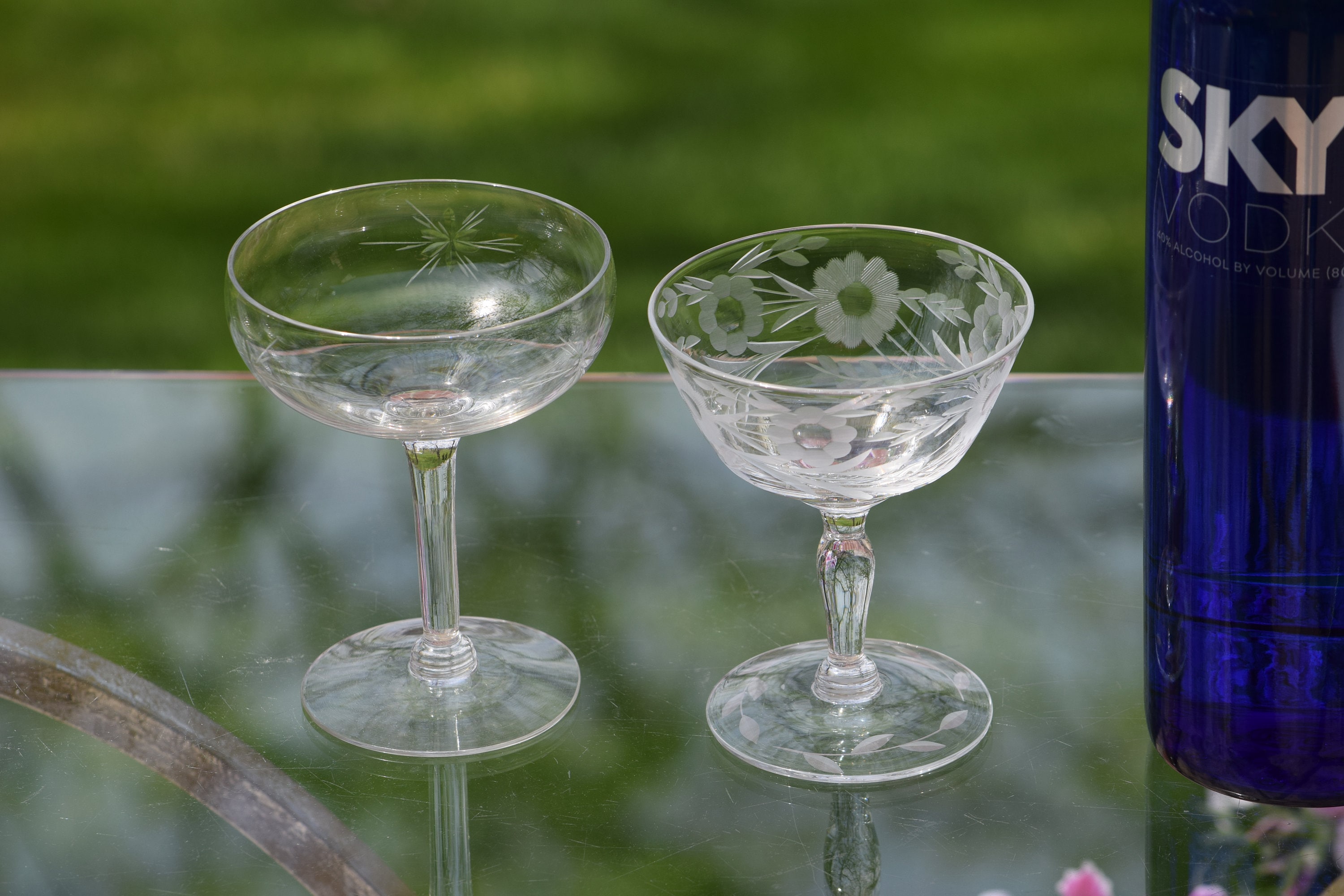Vintage Etched Cocktail Martini Glasses Set Of 4 Mis Matched Cocktail Glasses Mixologist Craft