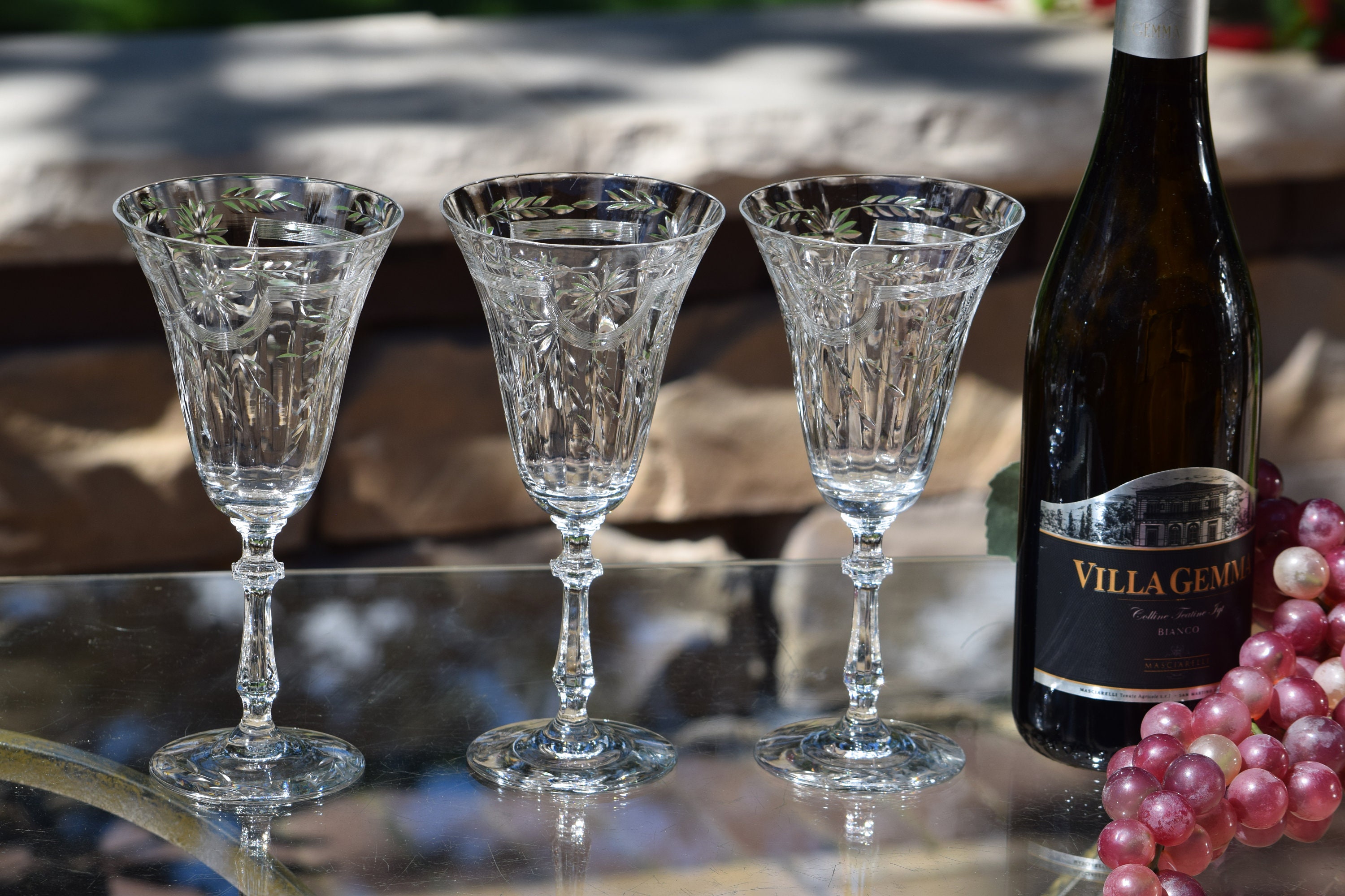 4 Vintage Etched Crystal Wine Glasses, Glastonbury Lotus, Hostess ...