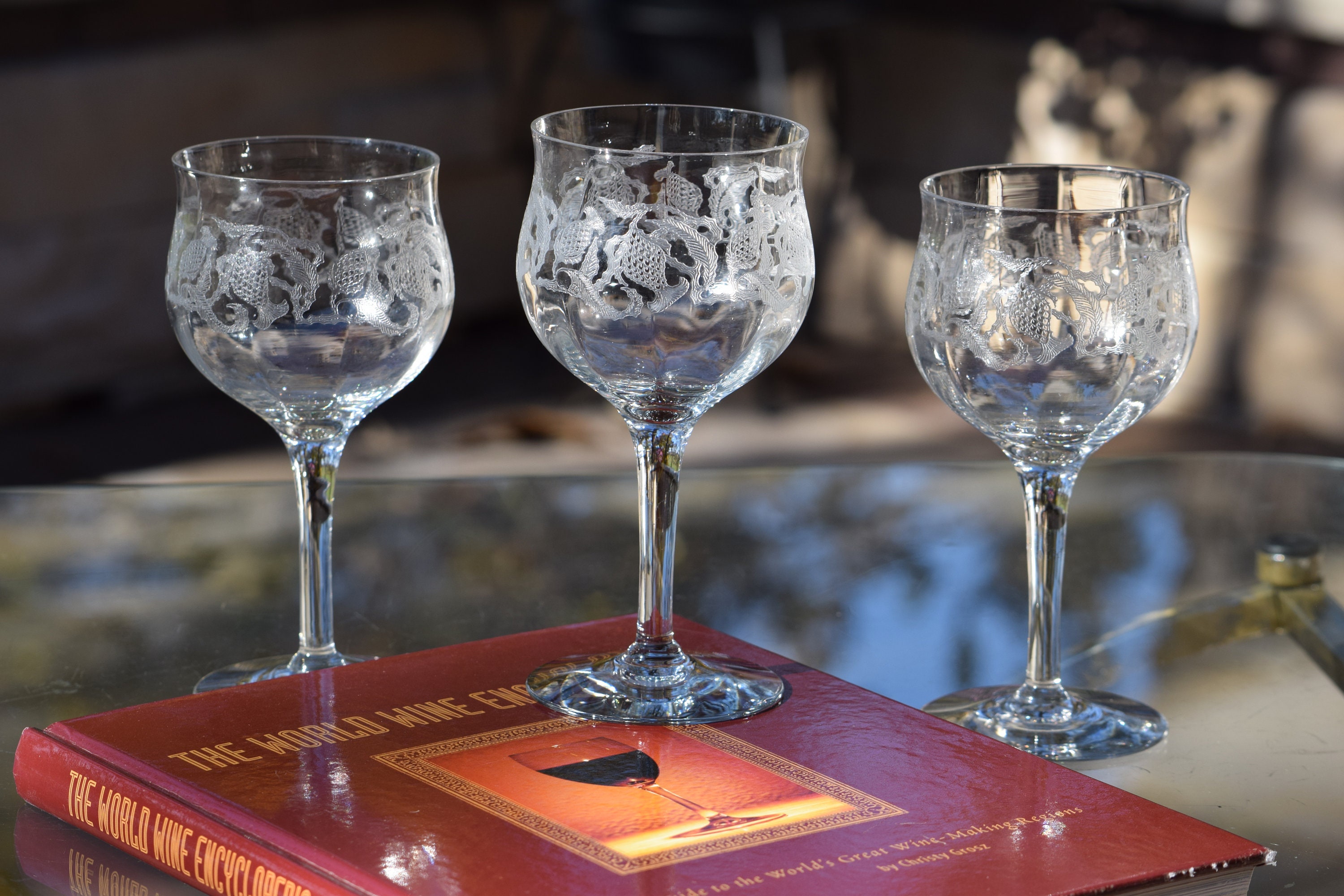 3 Antique Etched Optic Wine Glasses Central Glass Works Thistle Pattern Circa 1910 Antique