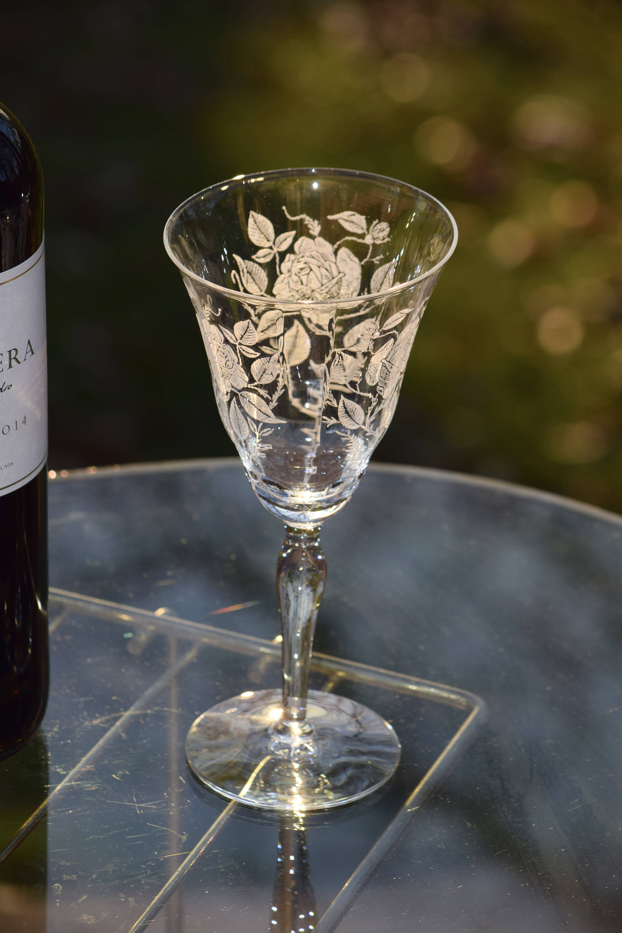 Vintage Tall Wine Glasses Floral Etched Optic Glass Set Of 2 Made By