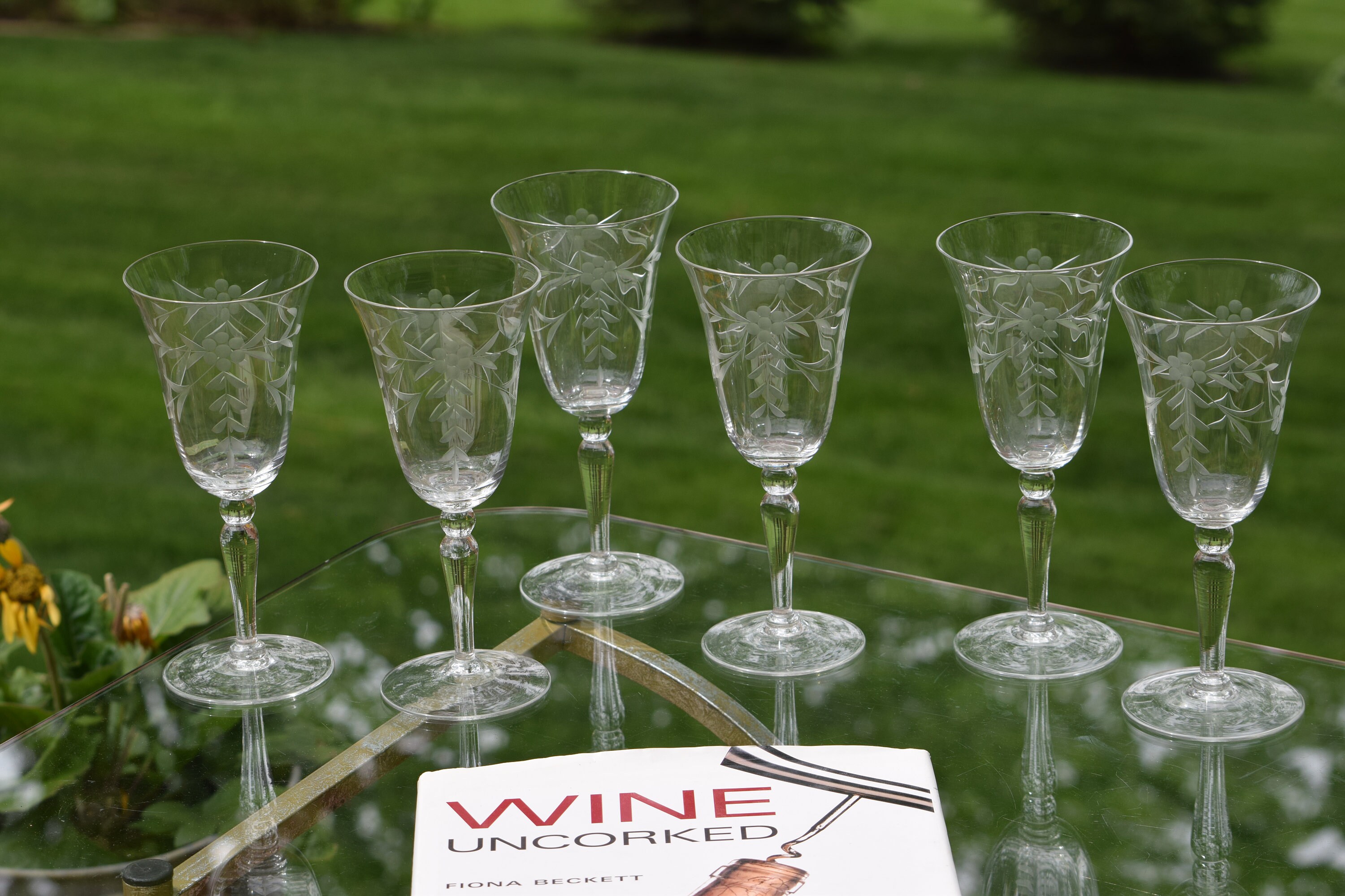 Vintage Floral Etched Wine Glasses Set Of 6 Antique Wine Glasses