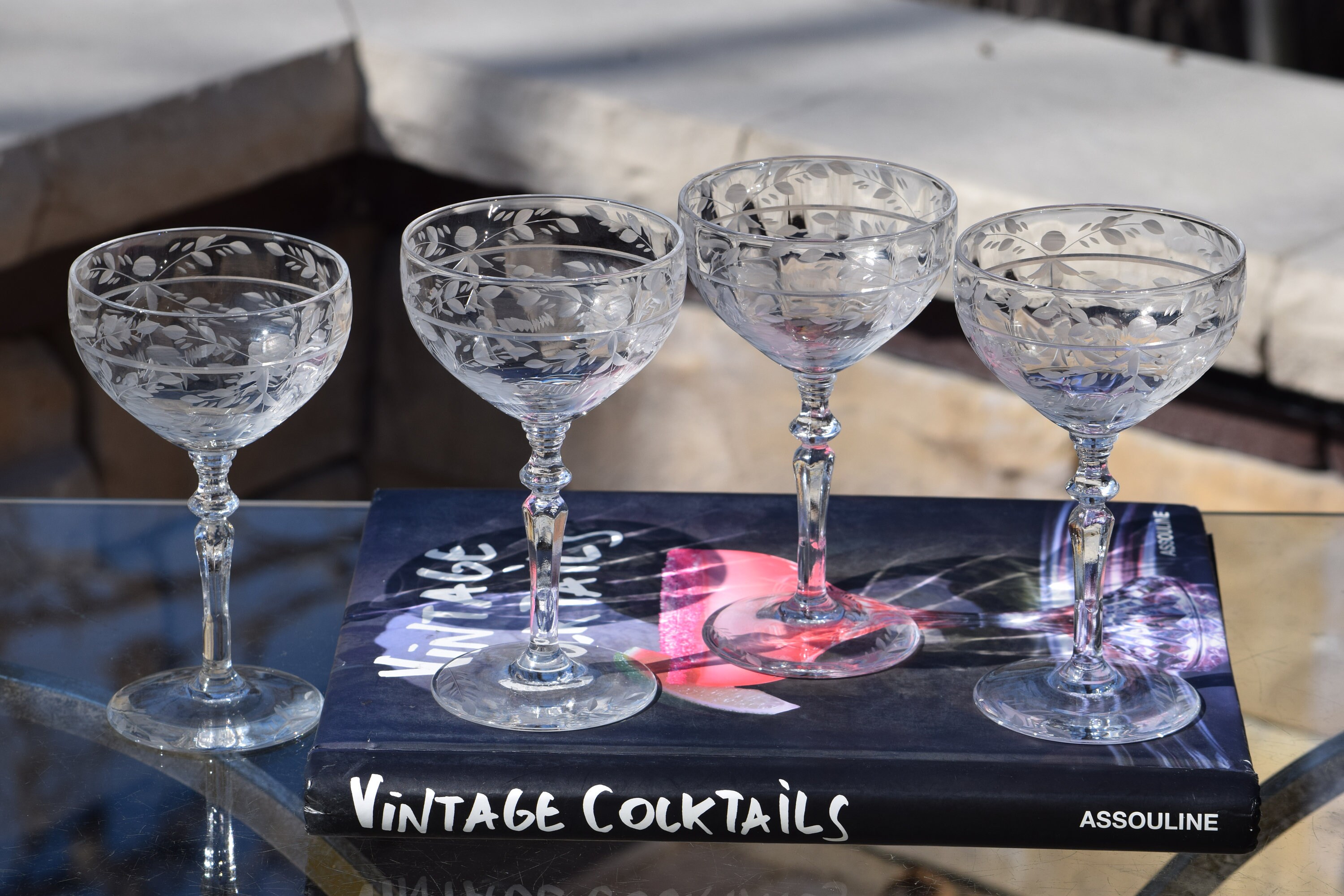 4 Vintage Etched Crystal Cocktail Glasses 1950's, Cocktail Party ...