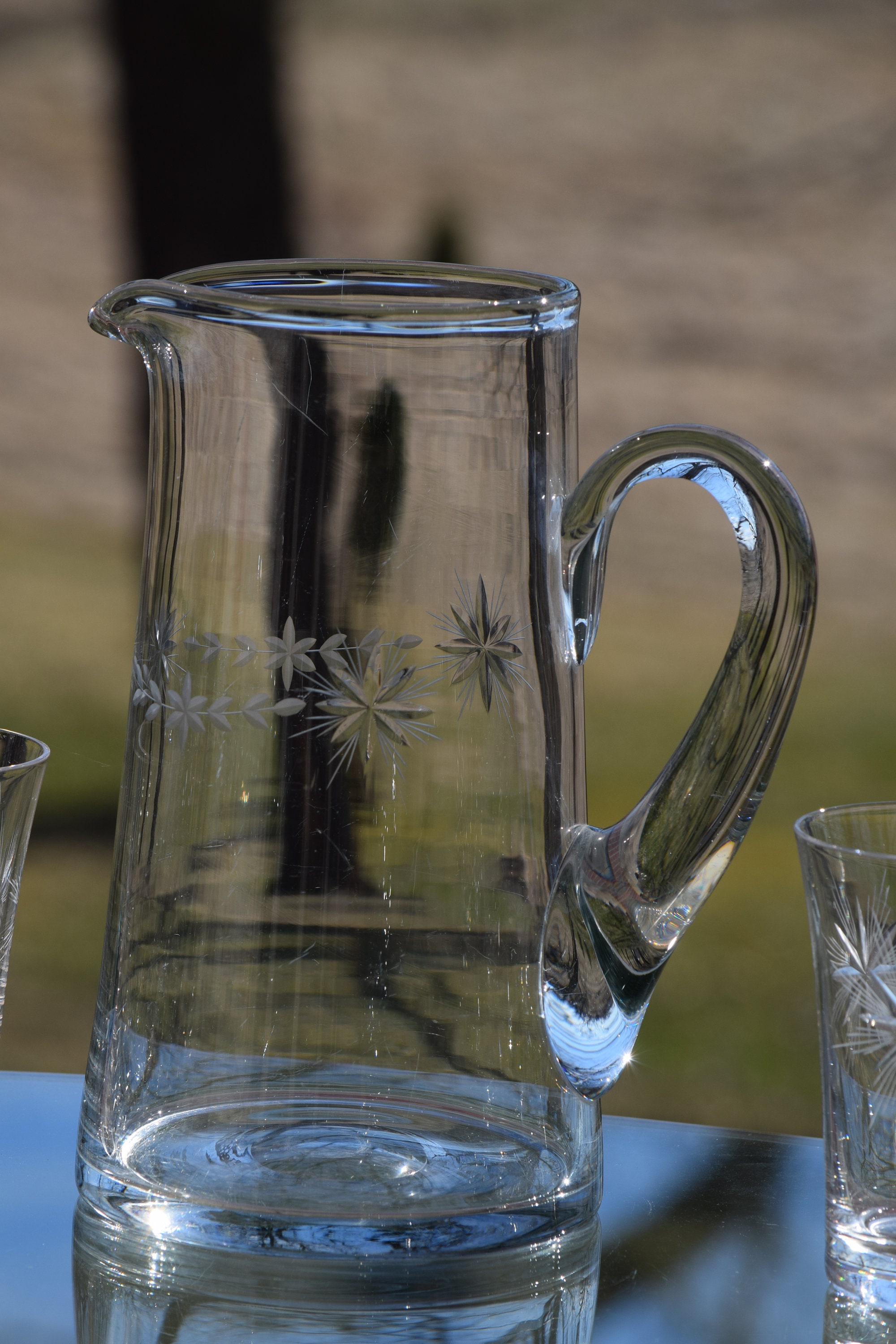 Vintage Etched Starburst Glasses with Pitcher, Polished Pontil Pitcher ...