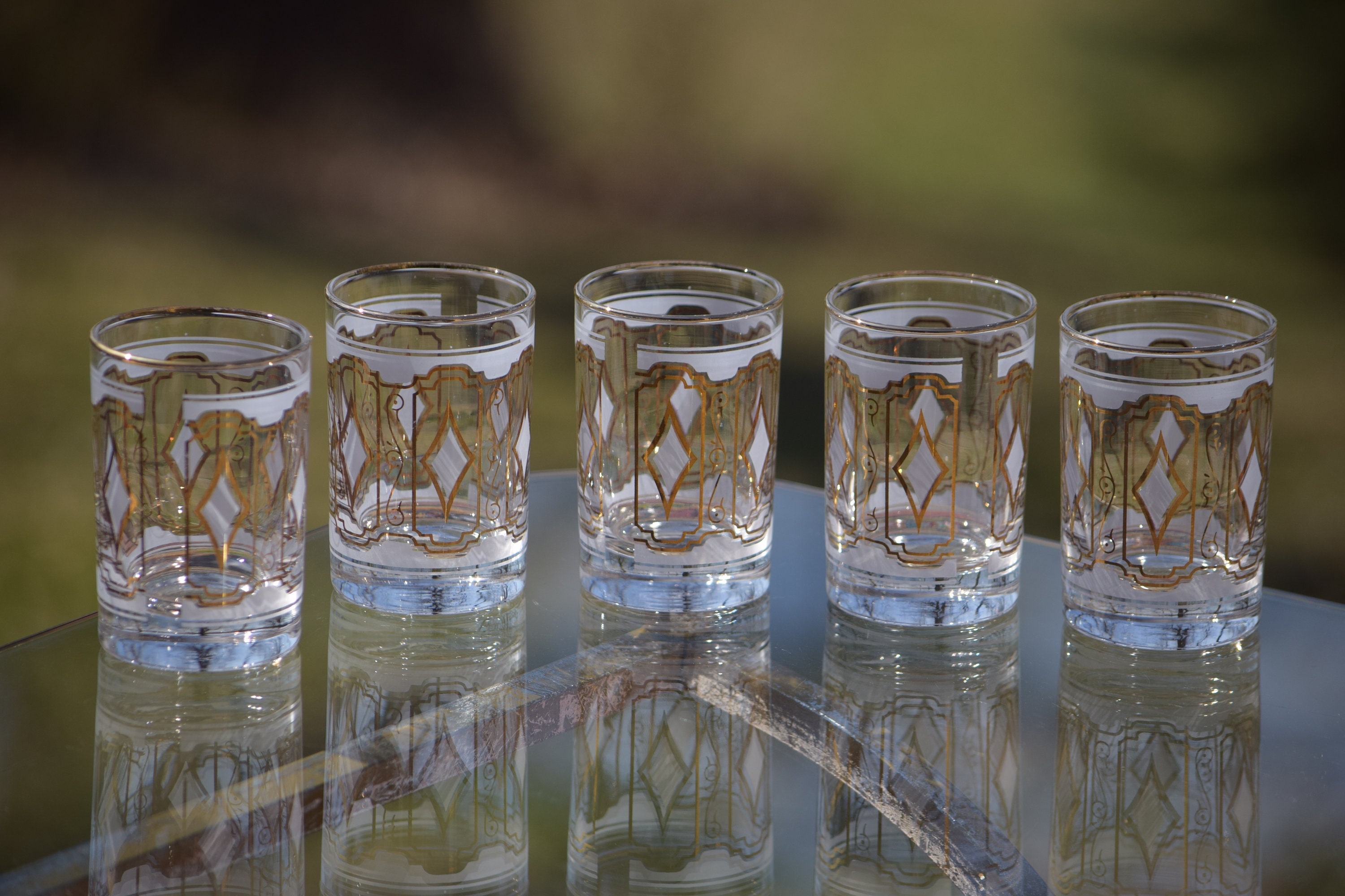 Vintage Gold and White Shot Glasses, Set of 5, MCM Atomic Barware ...