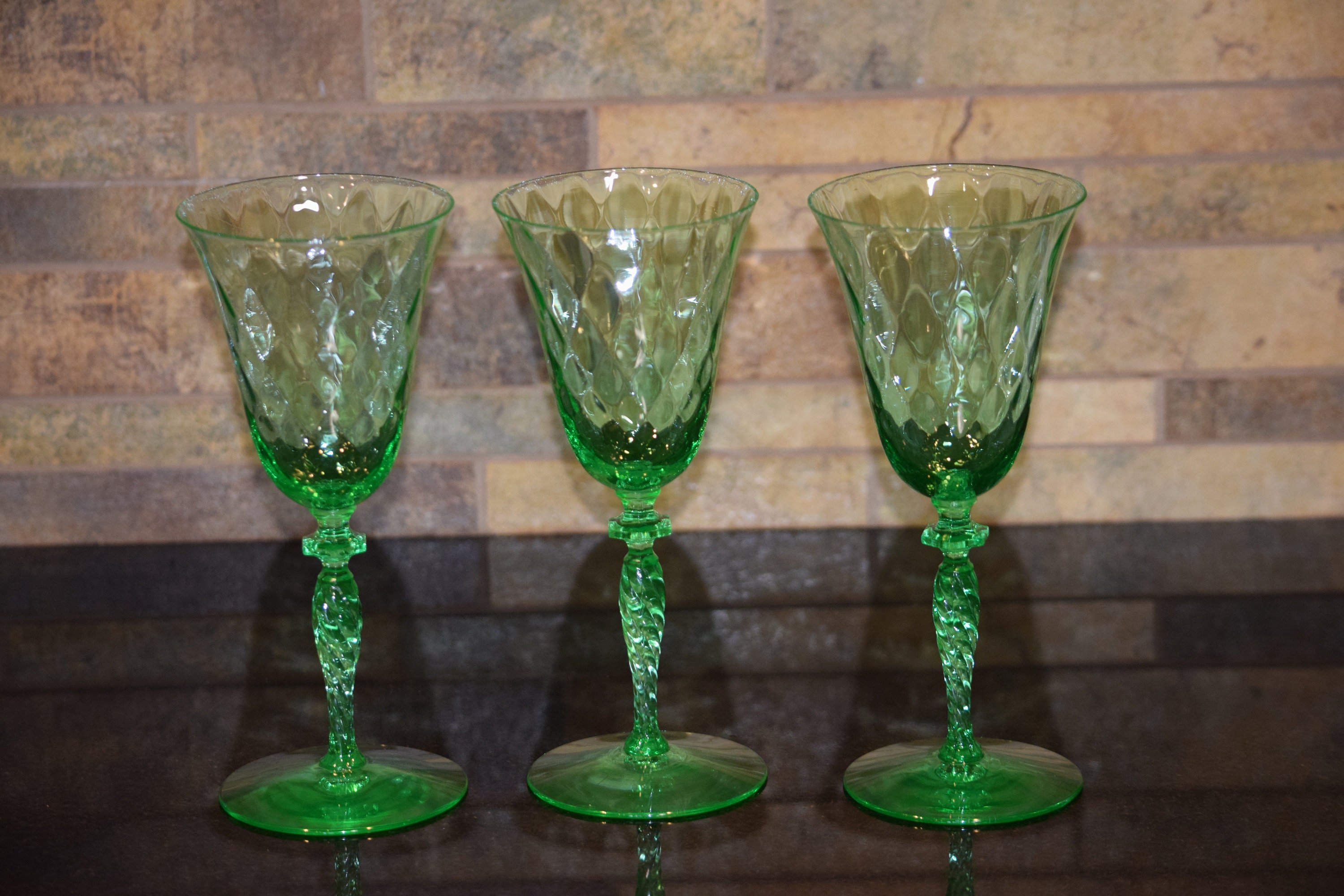 Vintage Green Diamond Optic Wine Glasses Set Of 3 Green Vaseline Wine Glasses Green