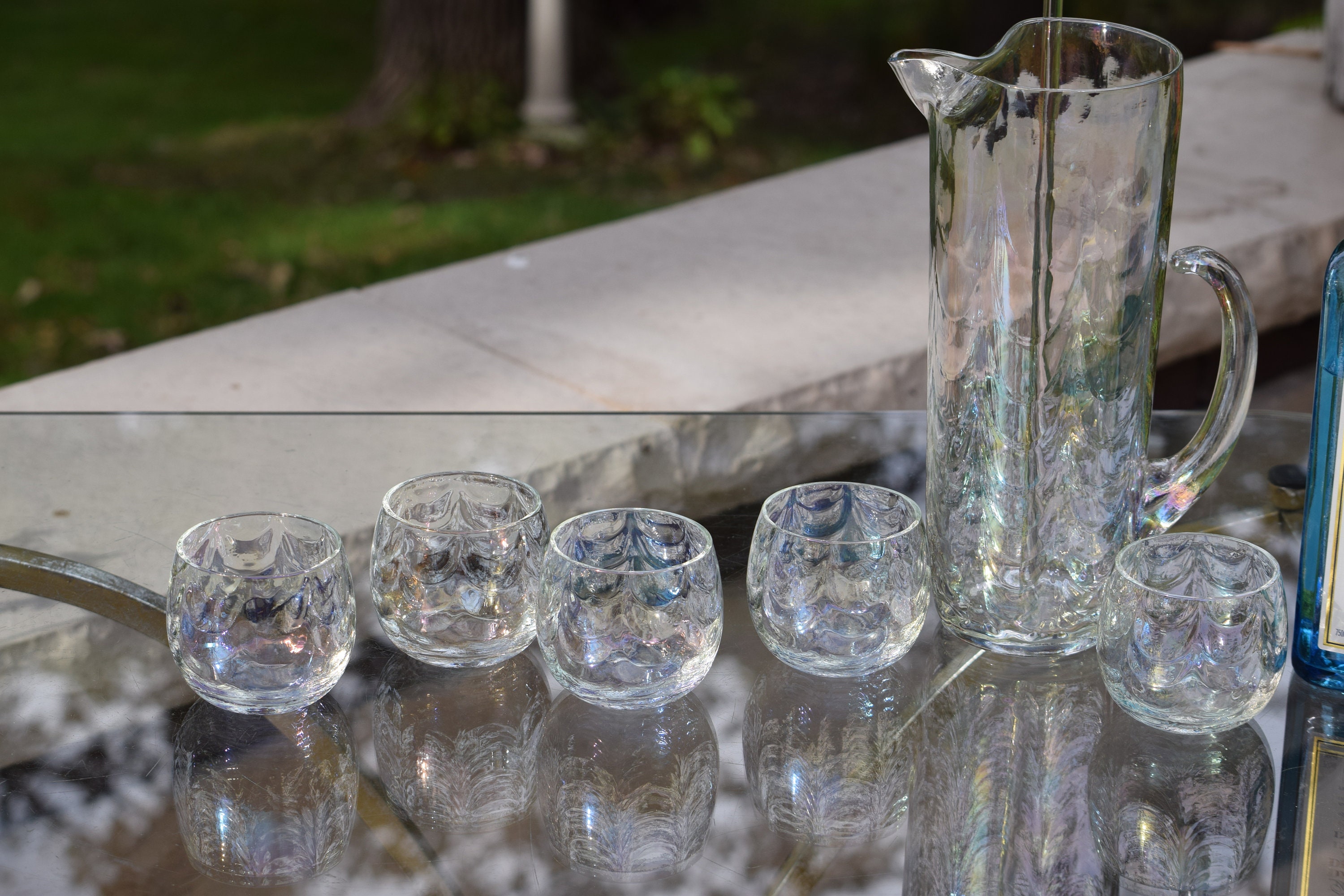 Vintage Draping Rainbow Iridescent Cocktail Pitcher Set with 6 Roly ...