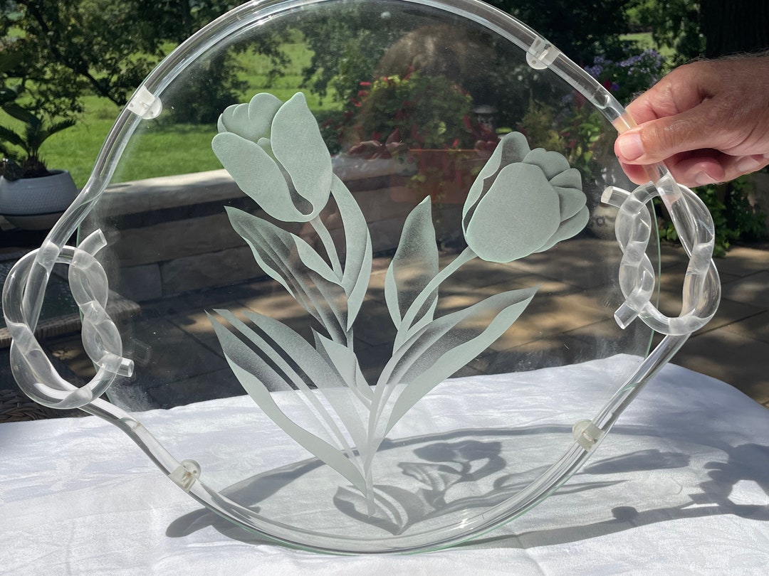 Vintage Lucite & Glass Etched Round Tray ~ Dorothy Thorpe Style Floral ...