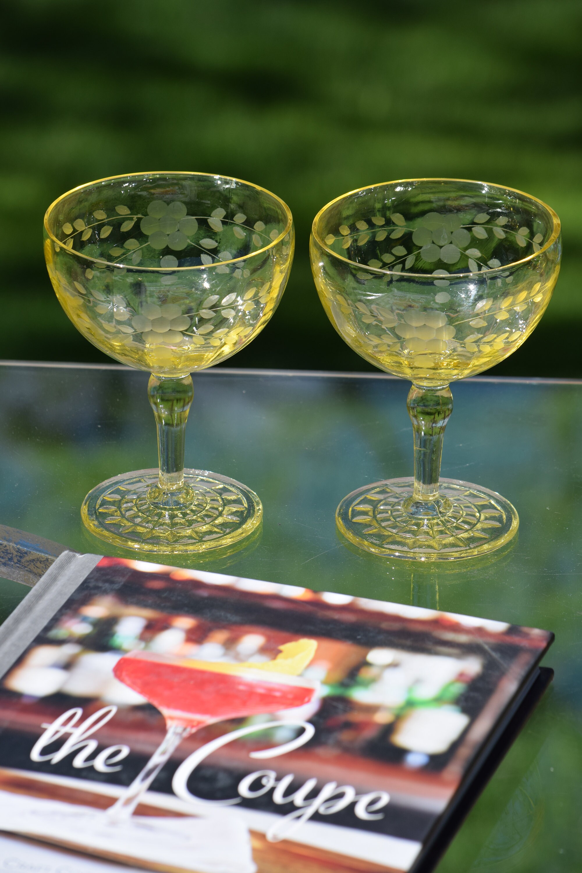 4 Vintage Yellow Etched ~ Optic Cocktail ~ Martini Glasses, Mixologist ...