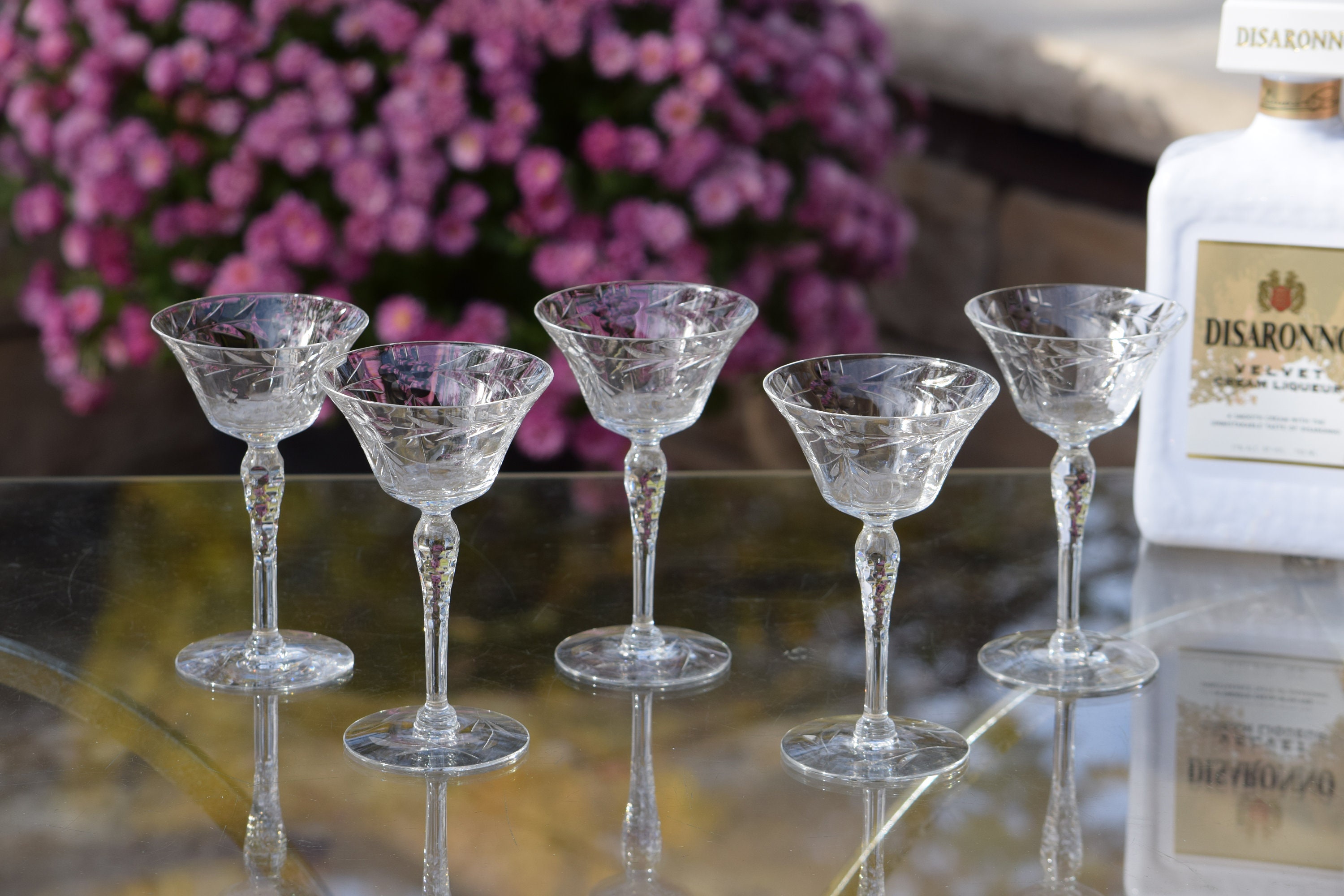 5 Vintage Etched Crystal Wine ~ Liquor Glasses, Seneca Glass Co, circa ...