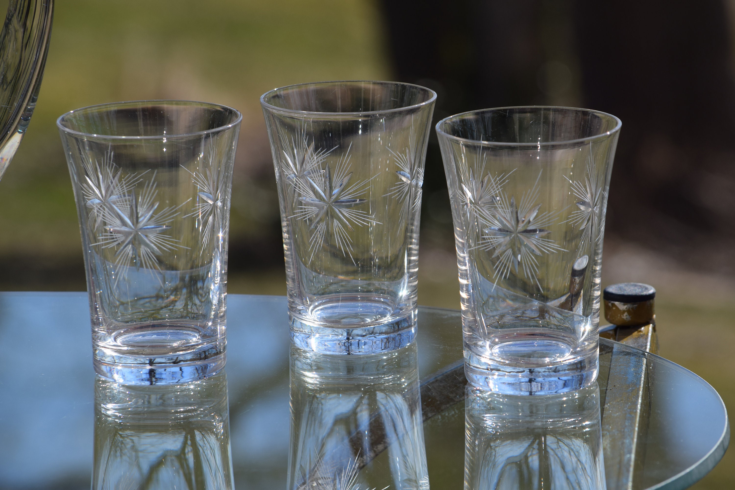 Vintage Etched Starburst Glasses with Pitcher, Polished Pontil Pitcher ...