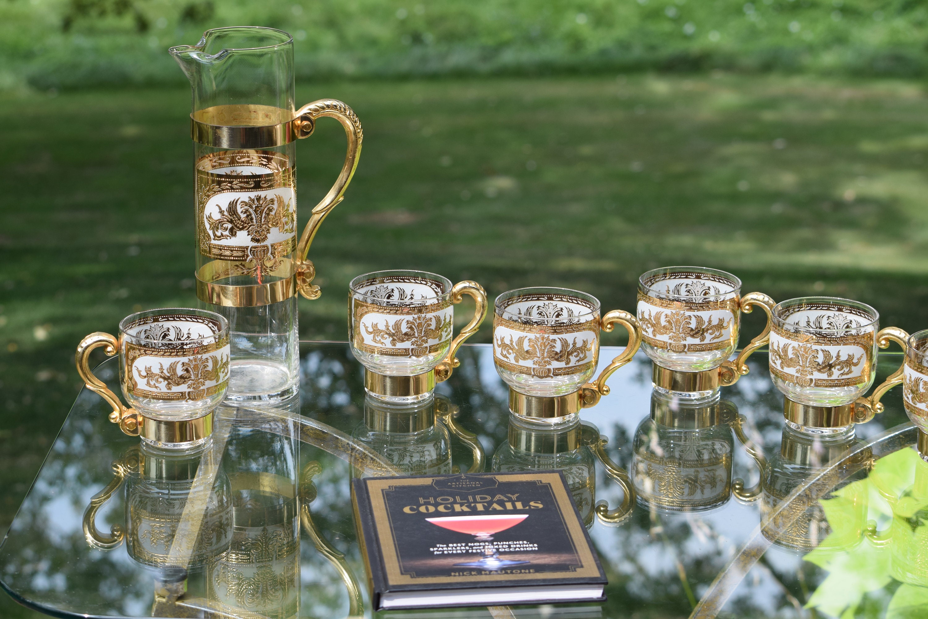 Vintage CULVER 22k Gold Cocktail Set, Pitcher with 6 footed Lowballs ...