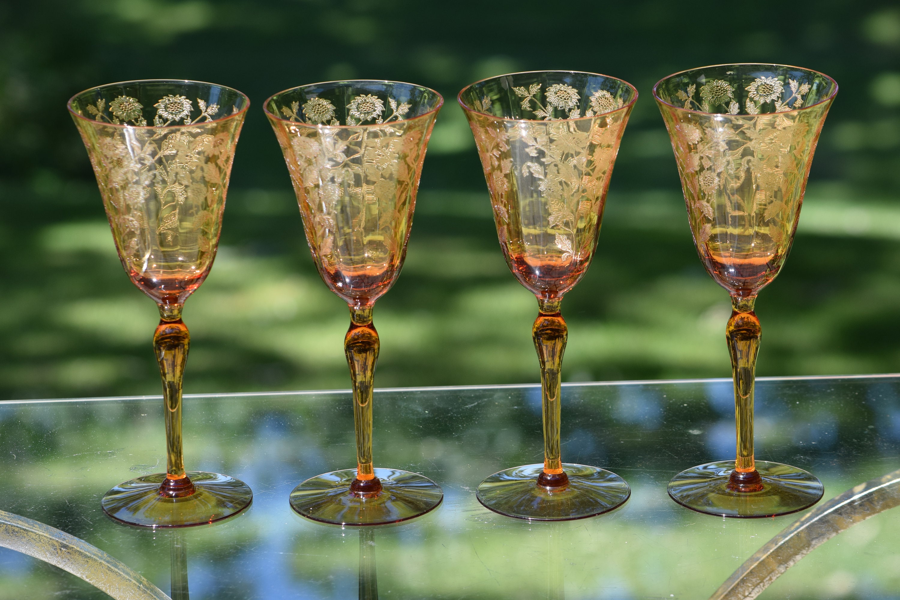 Vintage Etched Amber Optic Wine Glasses, Set of 4, Tiffin Franciscan ...