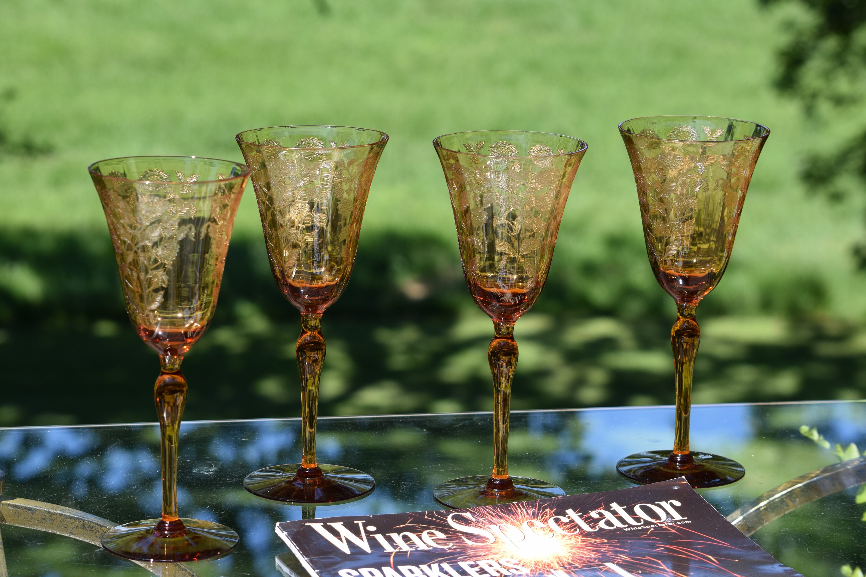 Vintage Etched Amber Optic Wine Glasses, Set of 4, Tiffin Franciscan ...