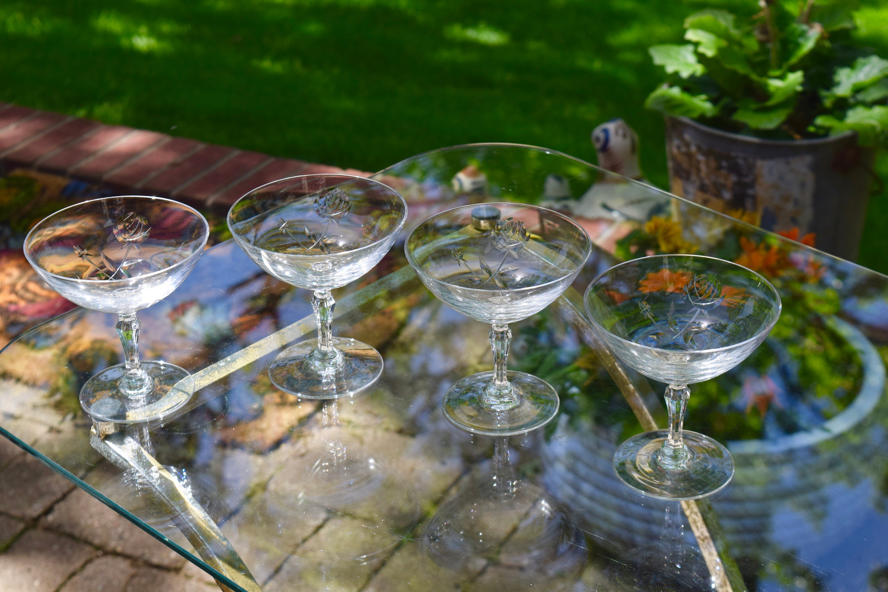 Vintage CRYSTAL Etched Cocktail Martini Set of 4, 1950's, Mixologists ...