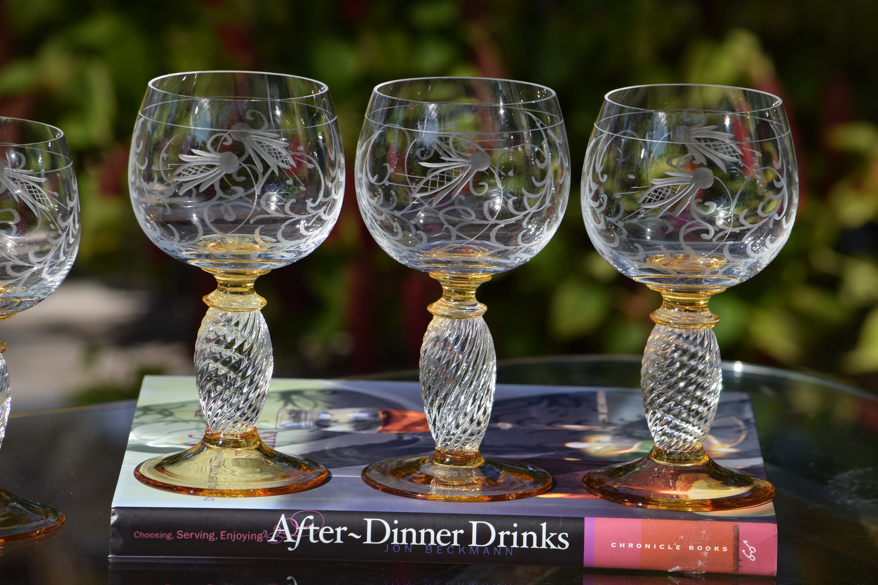 4 Vintage Amber Etched Wine Cordials Glasses Pieroth Roemer Theresienthal Amber Citrine