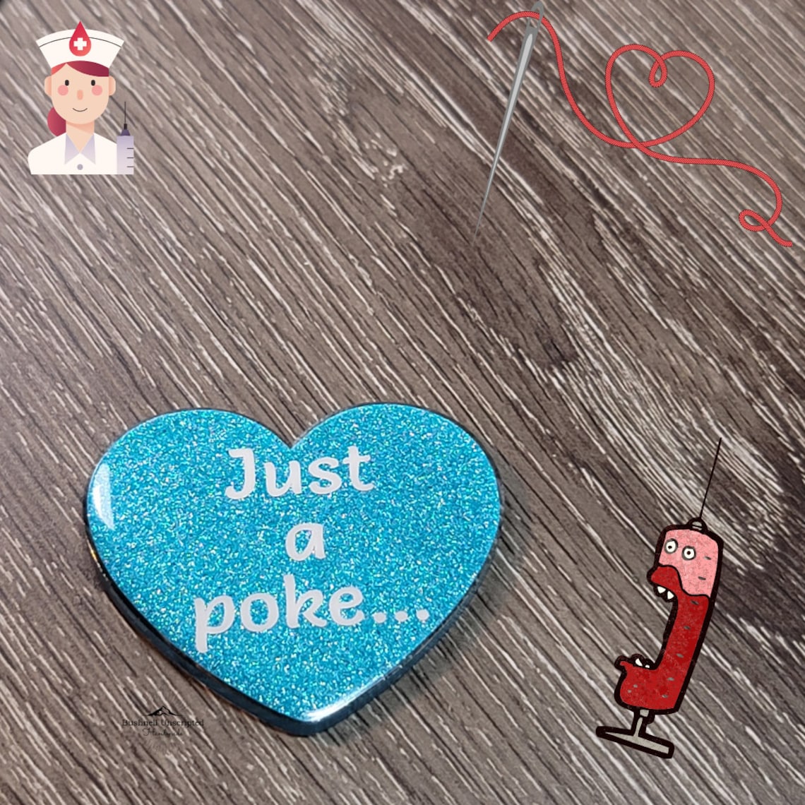 Just A Poke Blue Glitter Heart Badge Reel Pin for Nurse / | Etsy