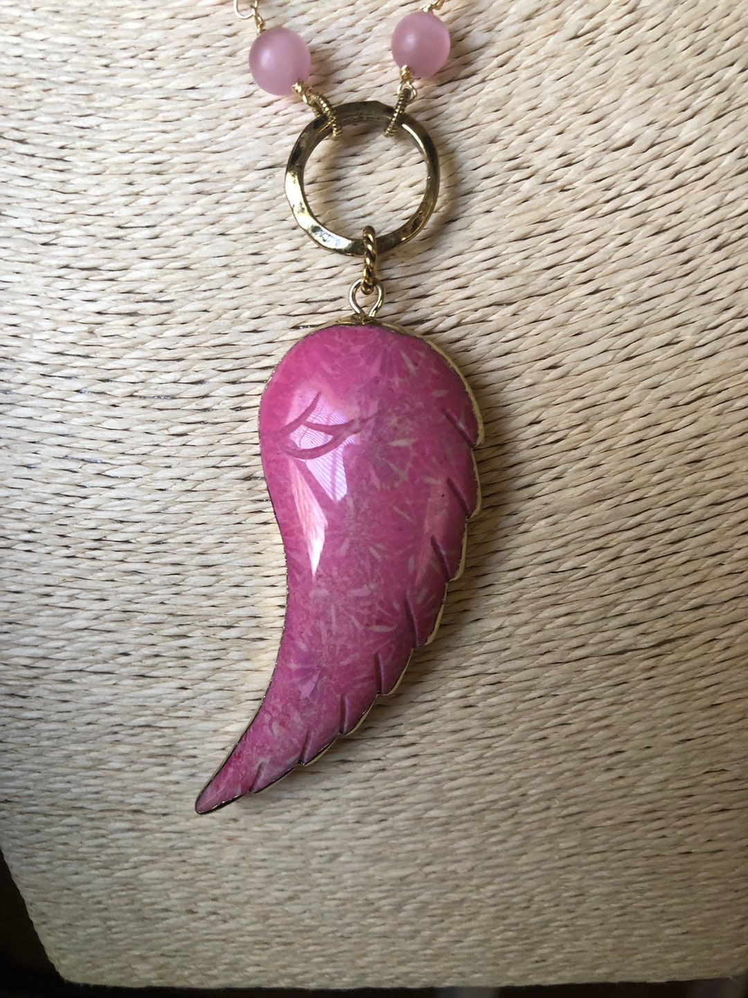 Pink Coral Fossil Necklace, Angel Wing Necklace, Gemstone Necklace ...