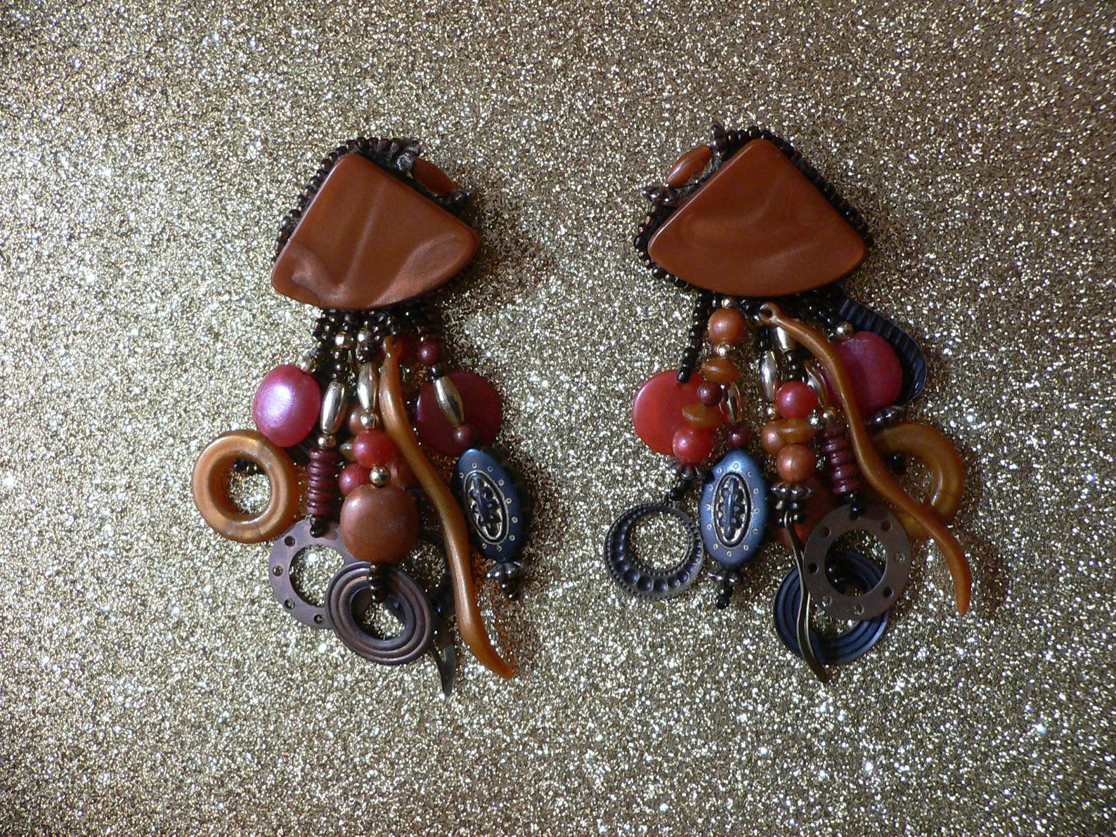 1990s Vintage Tacky Gaudy Large Earrings Orange Brown Gold Beads Beaded ...
