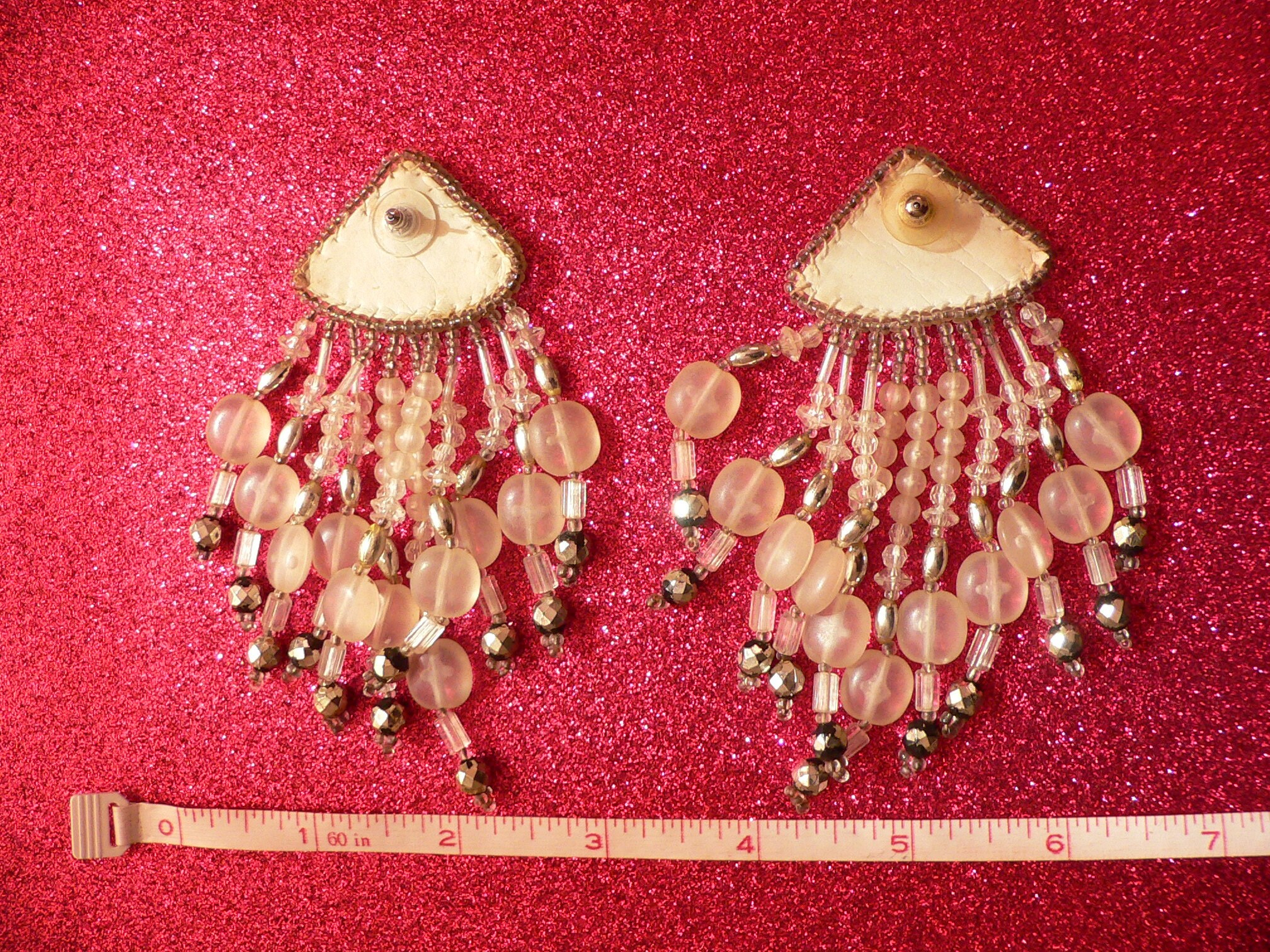 1990s Vintage Tacky Gaudy Large Earrings White and Silver Beads Beaded ...